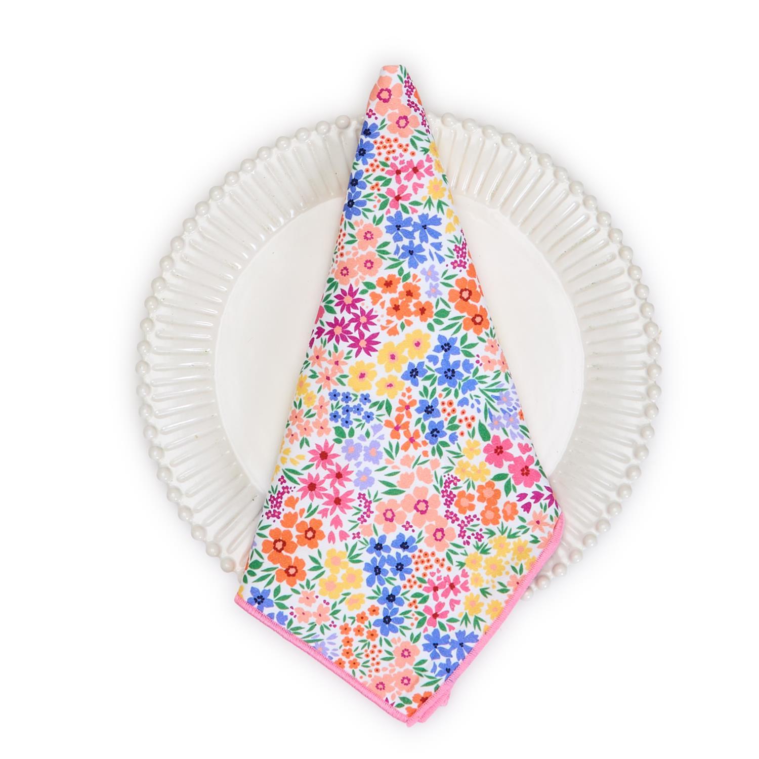 Blooms Set of 4 Floral Pattern Napkins with Merrow-Stitched Trim