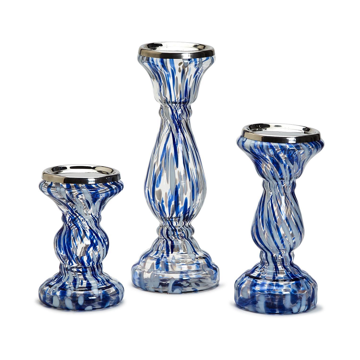 Set of 3 White and Blue Swirled Pedestal Pillar Candleholders