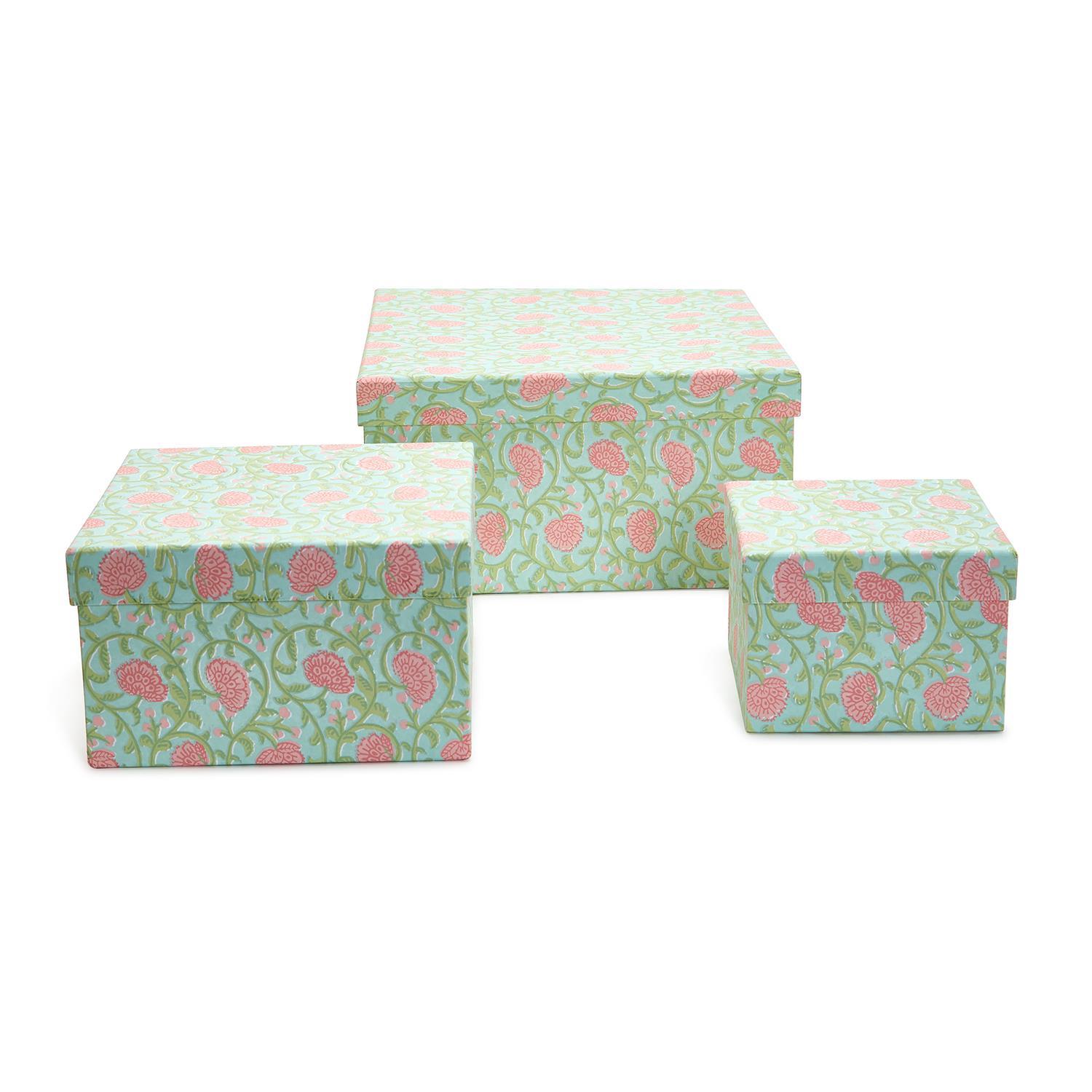 Floral Block Print S/3 Cotton Paper Nested Boxes Asst 3 Patterns