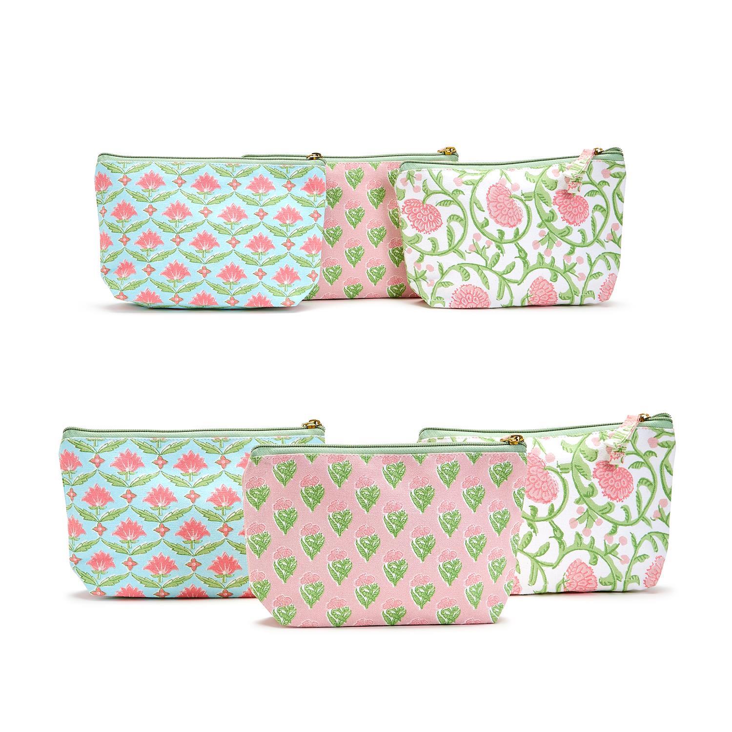 S/2 Floral Block Print Multipurpose Pouches A/3 Flower Designs
