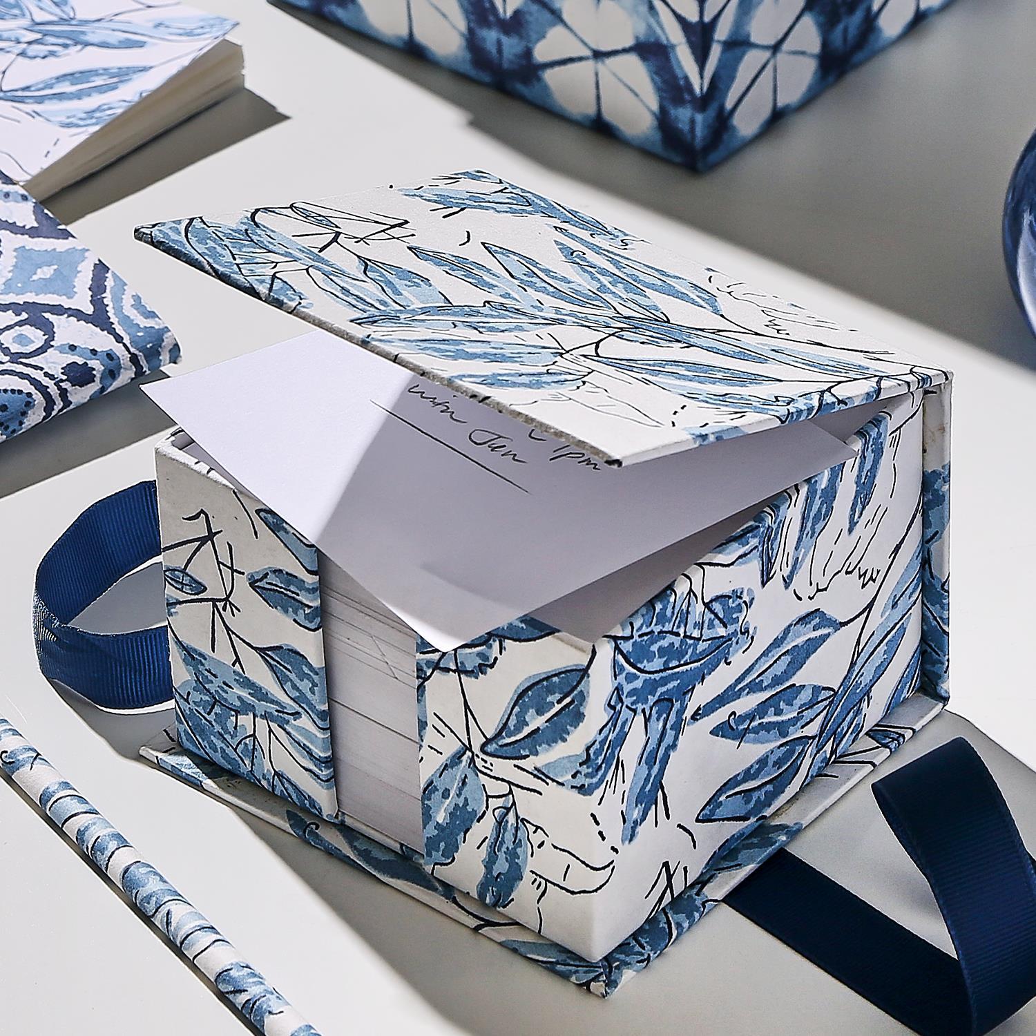 Indigo Block Print Note Paper Caddy with Pencil A/3 Patterns