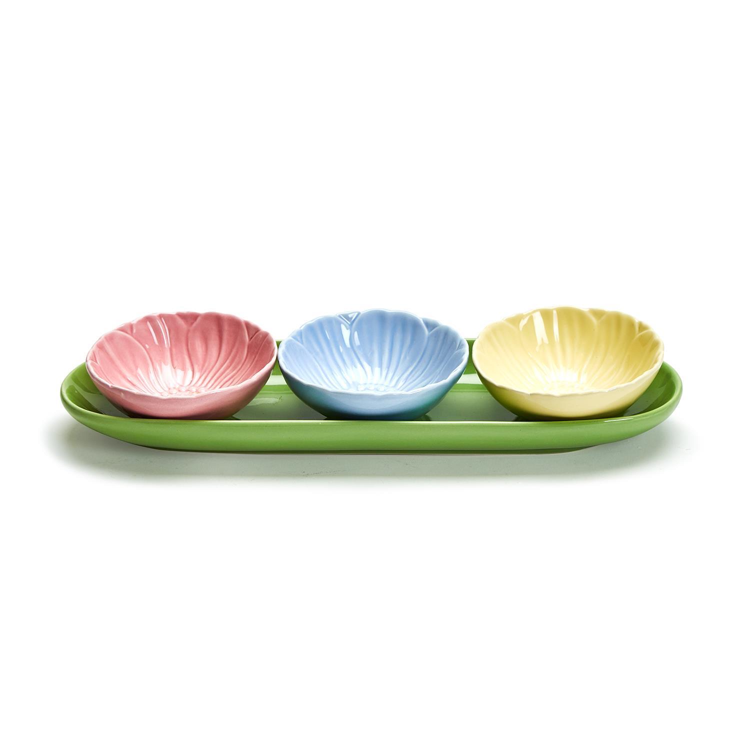 Set of 3 Flower Tidbit Bowls with Tray Includes 3 Colors: Pink, Yellow ...
