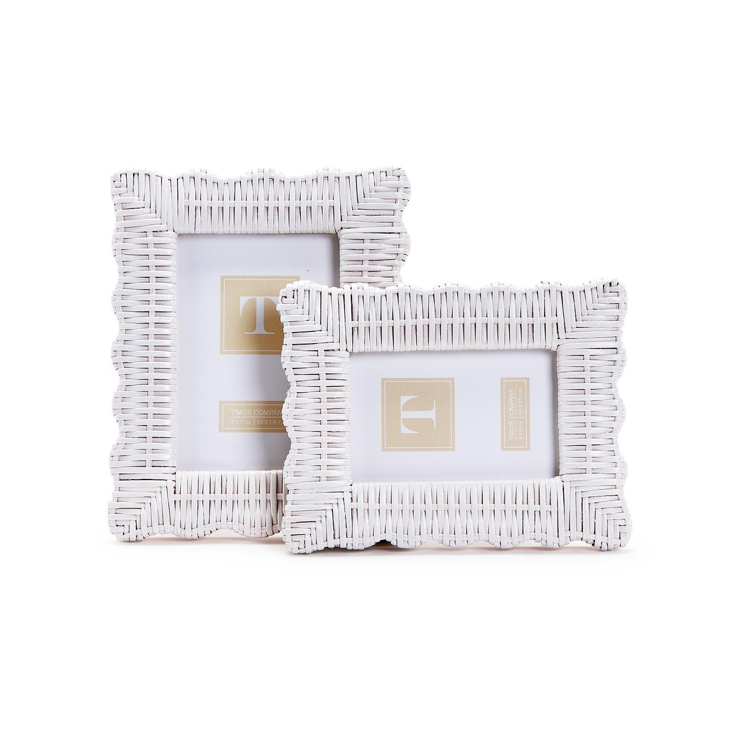 S/2 White Scalloped Wicker Weave Photo Frame