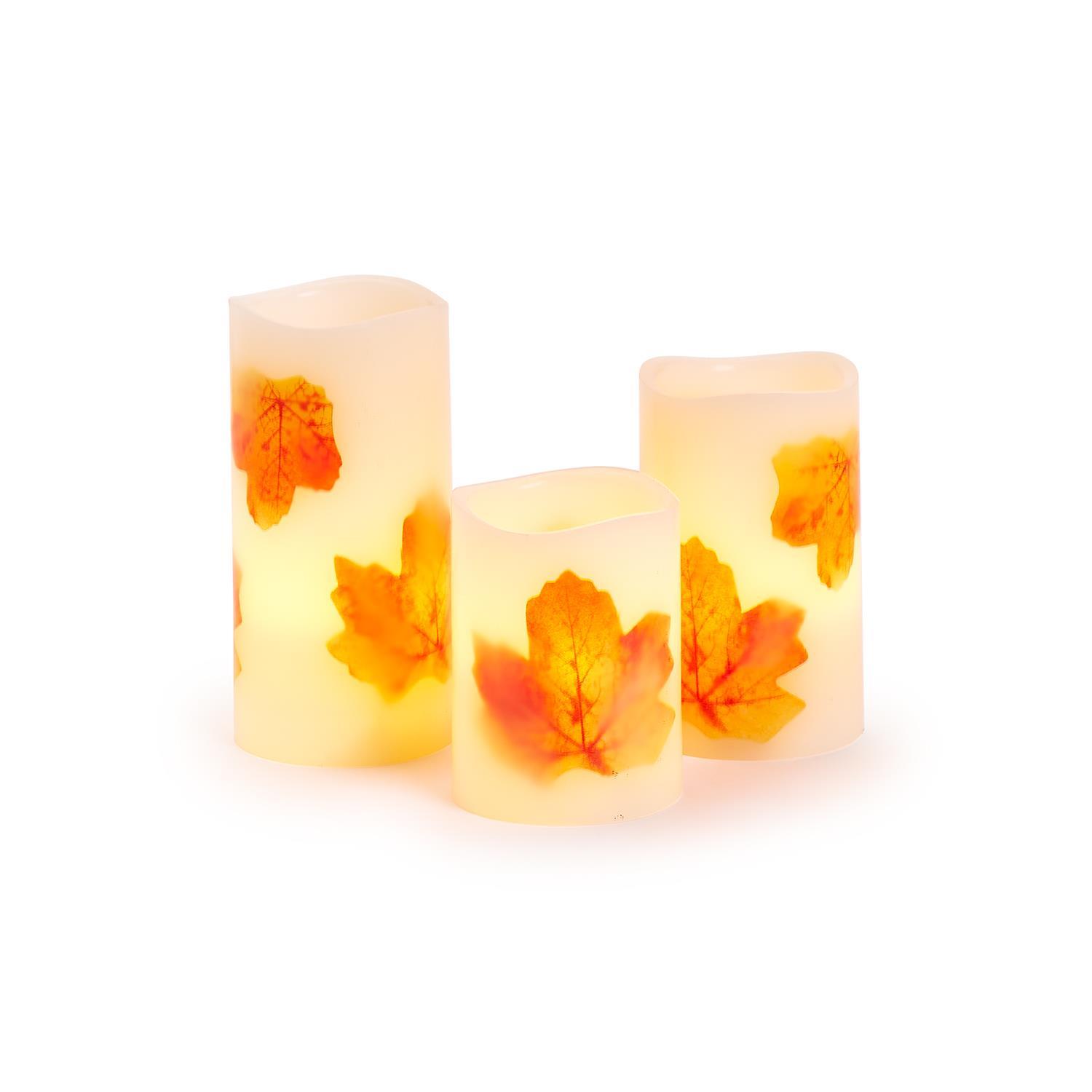 Foliage Set of 3 Flameless Flickering LED Decorative Pillar Candles ...