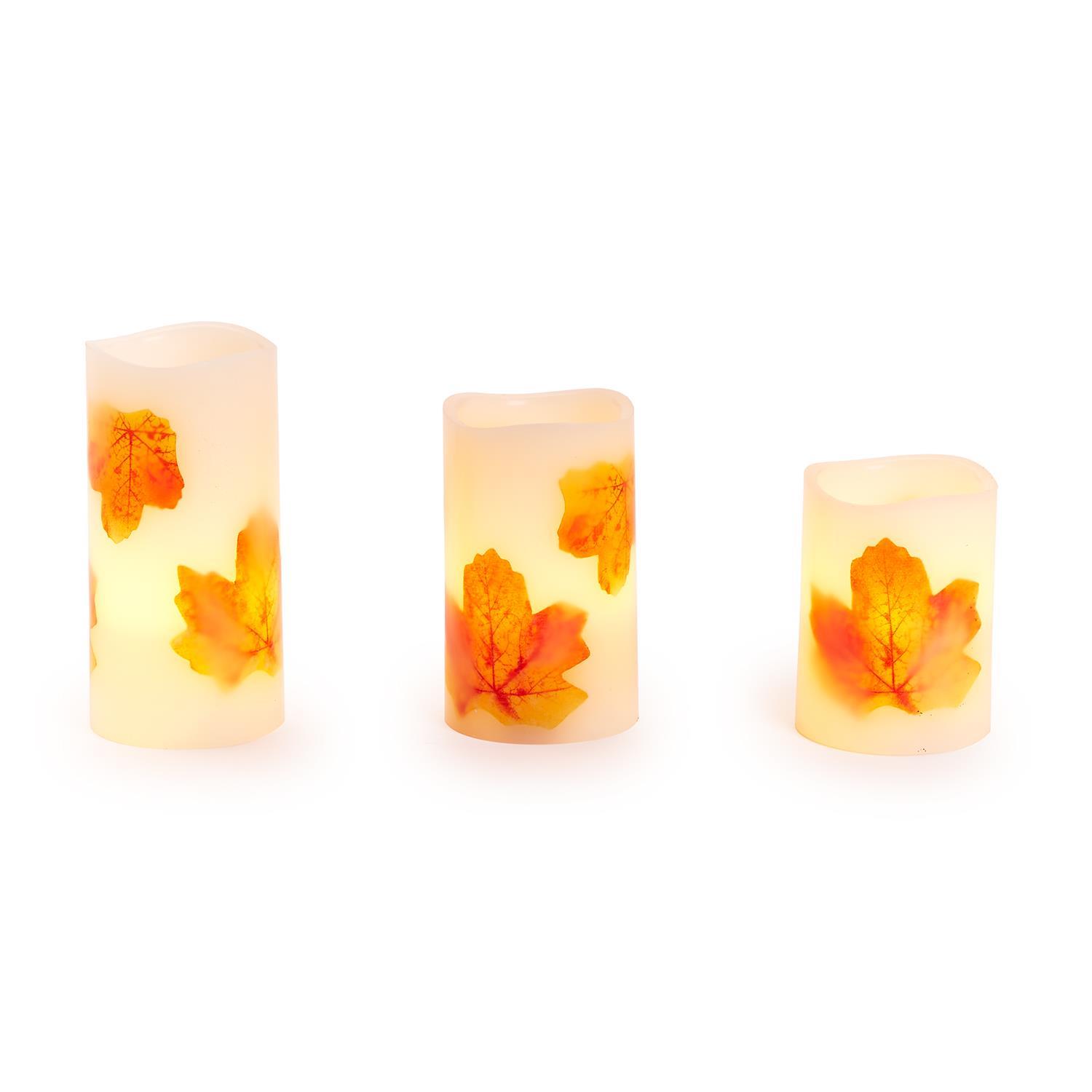 Foliage Set of 3 Flameless Flickering LED Decorative Pillar Candles ...