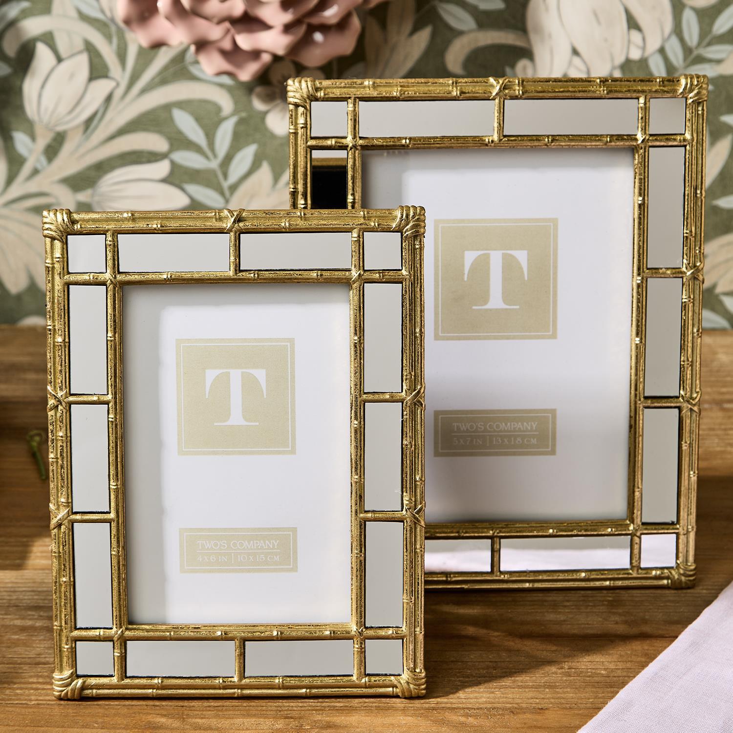 S/2 Bamboo Gold Photo Frames with Mirror Edge Incl 2 Sizes: 4" x 6" and ...