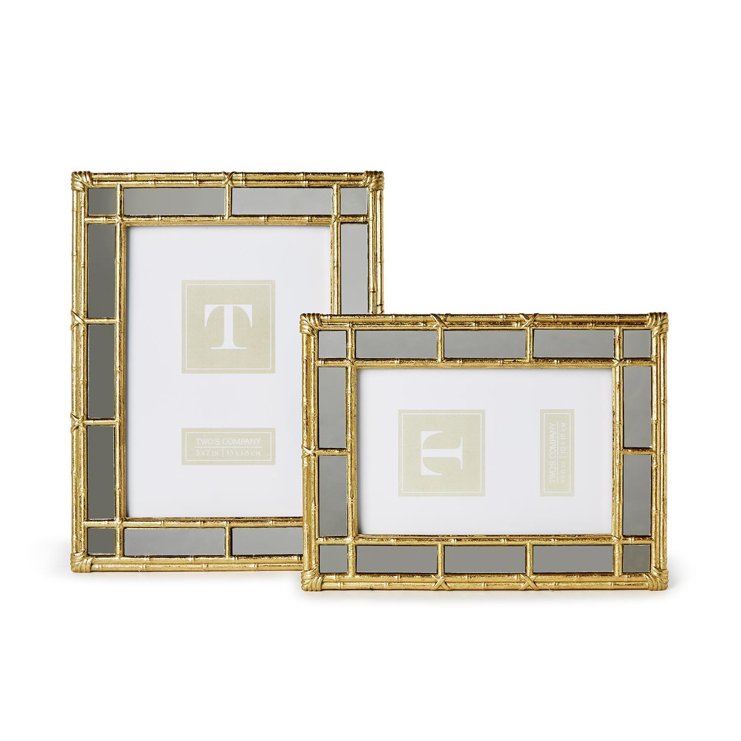 S/2 Bamboo Gold Photo Frames with Mirror Edge Incl 2 Sizes: 4" x 6" and ...