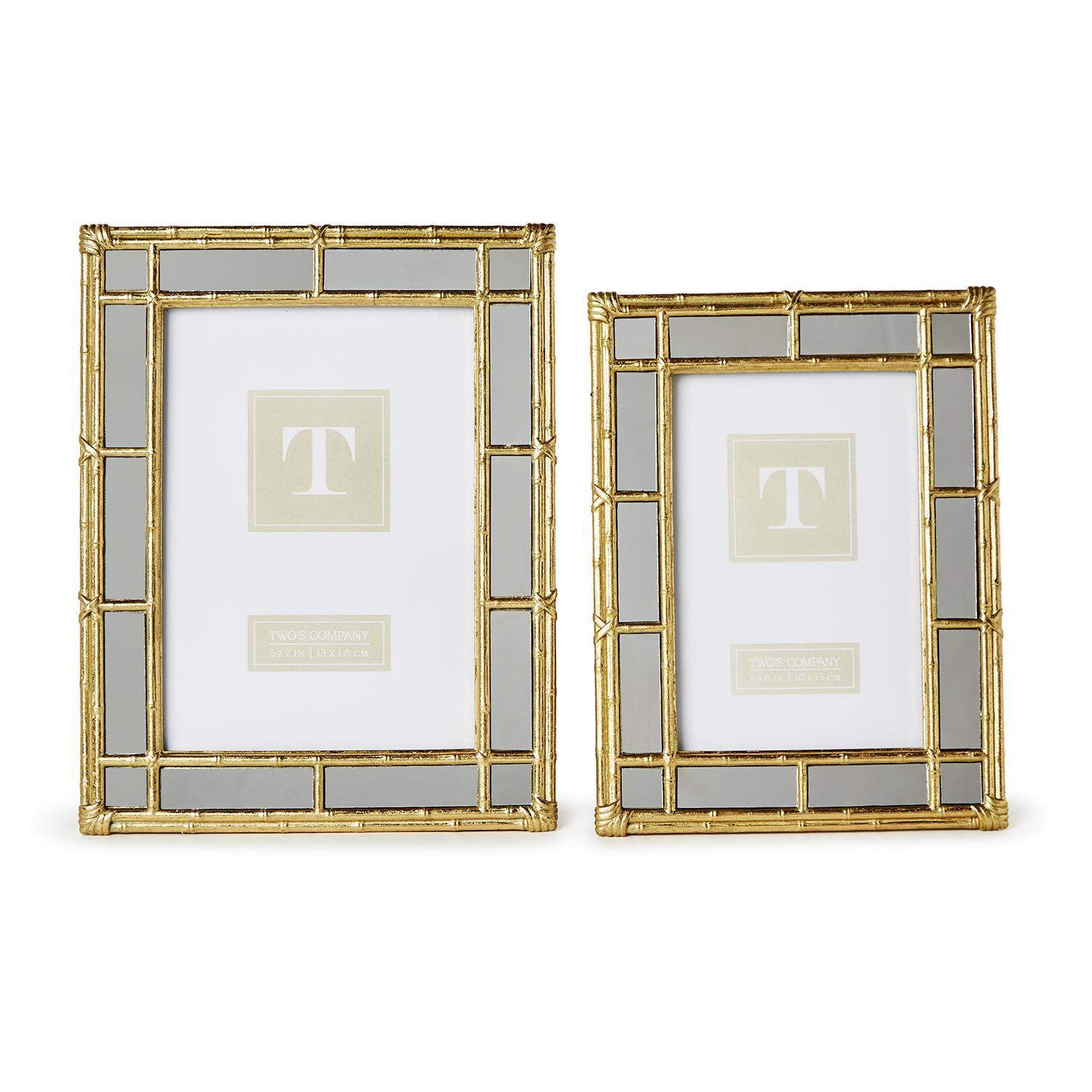 S/2 Bamboo Gold Photo Frames with Mirror Edge Incl 2 Sizes: 4" x 6" and ...