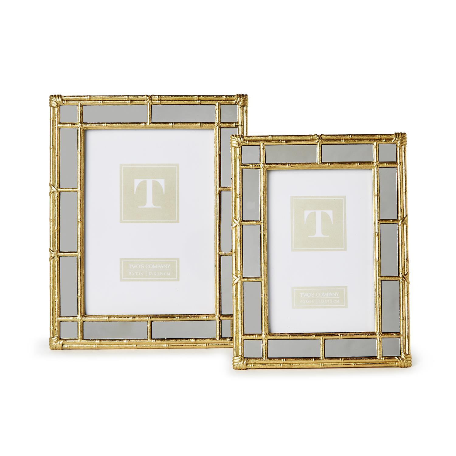 S/2 Bamboo Gold Photo Frames with Mirror Edge Incl 2 Sizes: 4" x 6" and ...