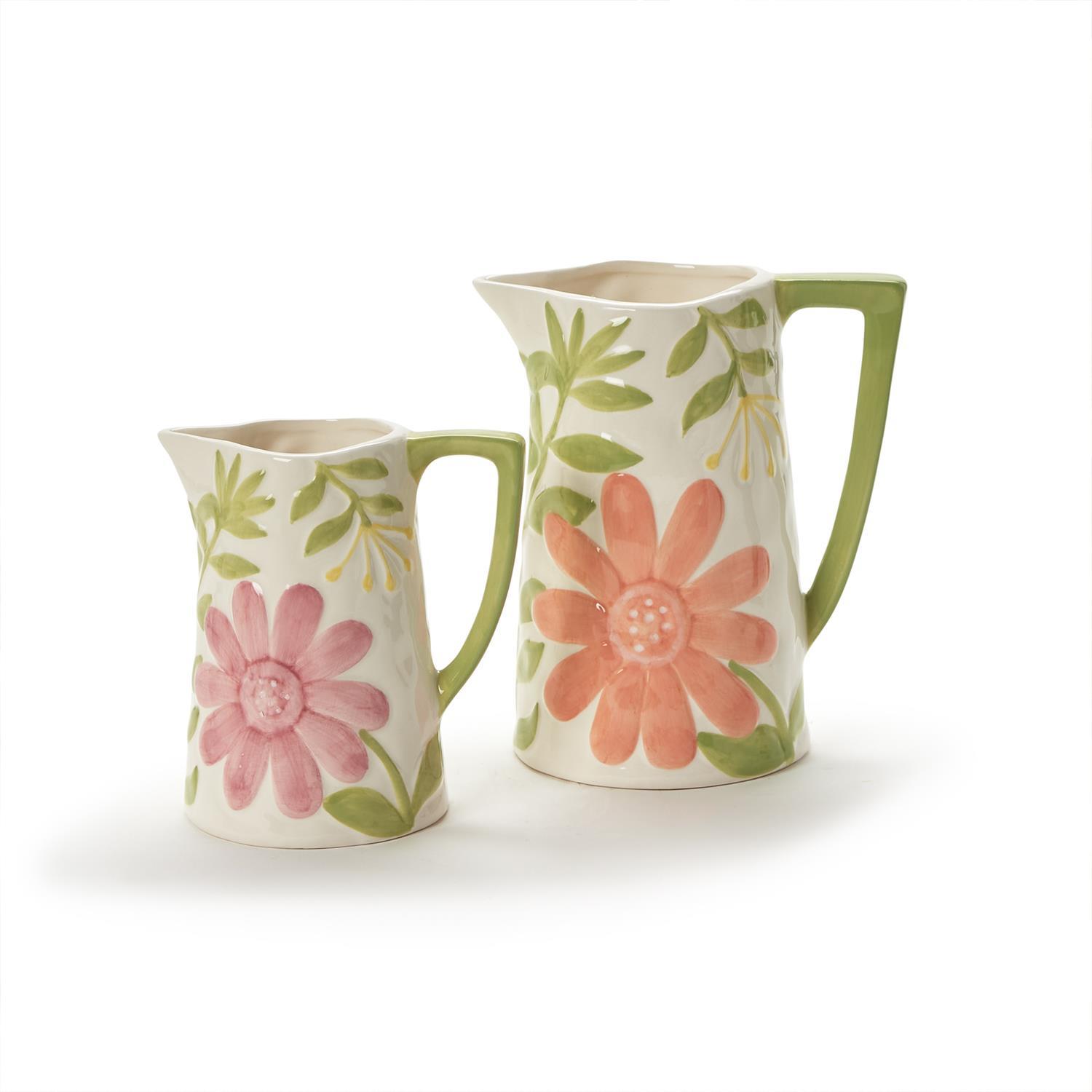 S/2 Pitchers / Vases with Hand-Painted Floral Relief Design