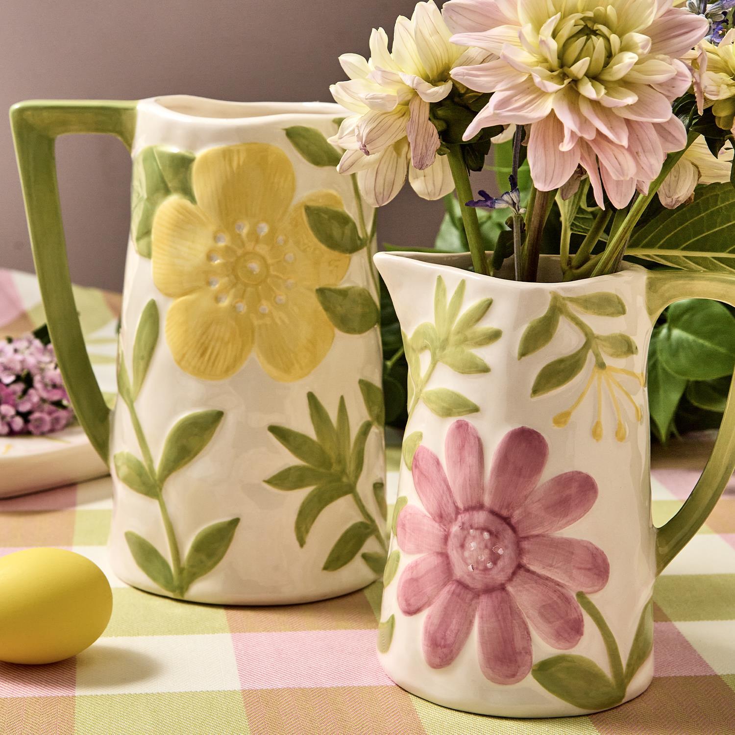 S/2 Pitchers / Vases with Hand-Painted Floral Relief Design
