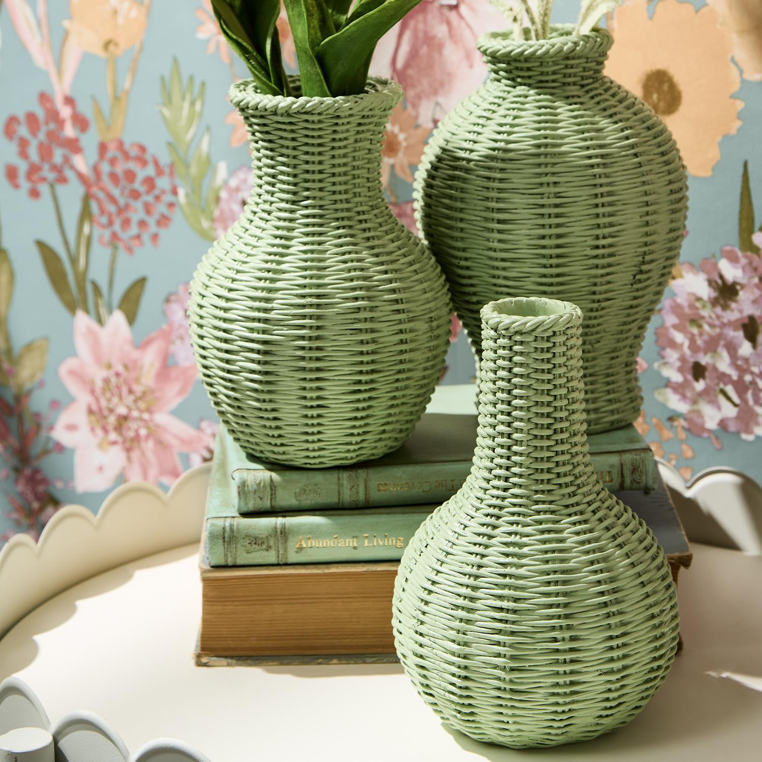 Verdigris Set of 5 Green Basket Weave Pattern Vases (recommended for ...