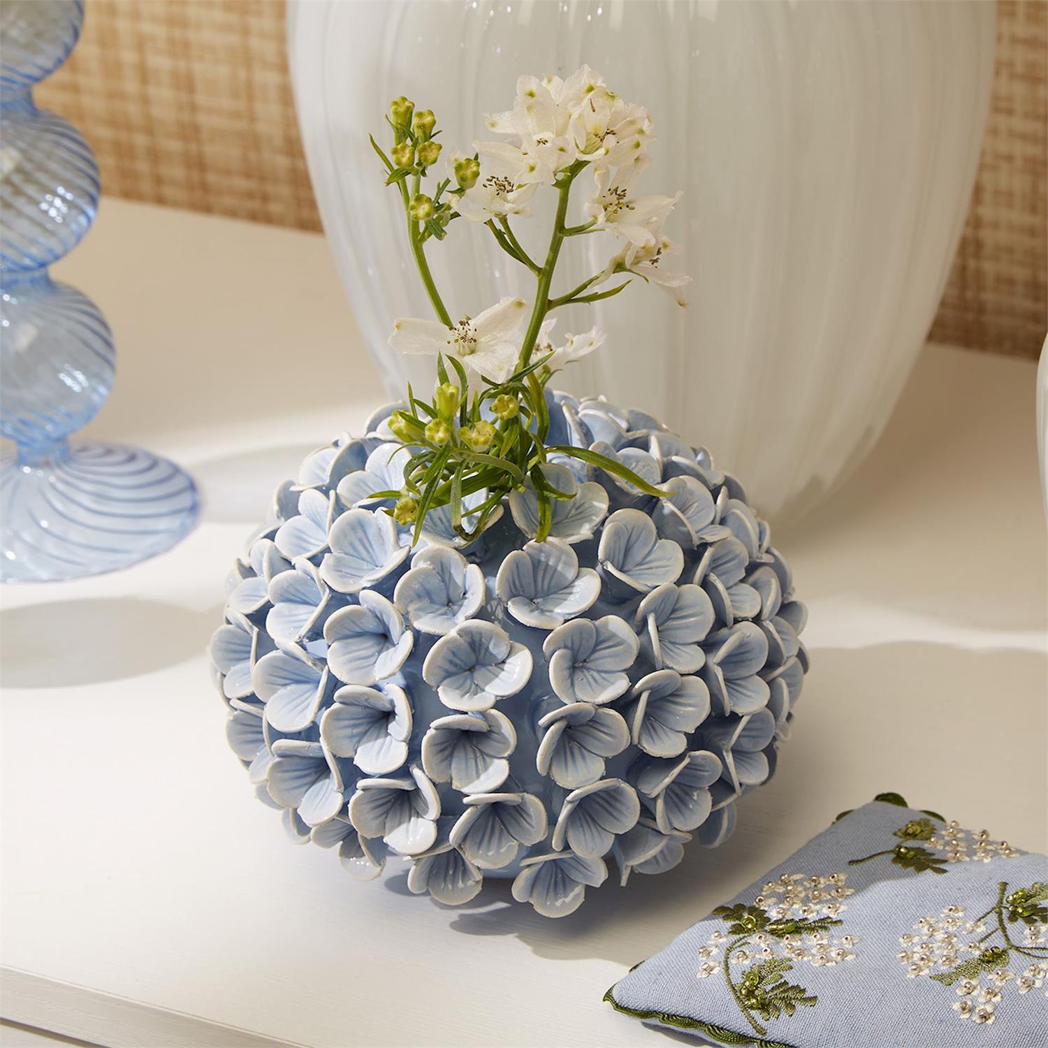 S/2 Blue Hydrangea Flower Bud Vases / Taper Candleholders