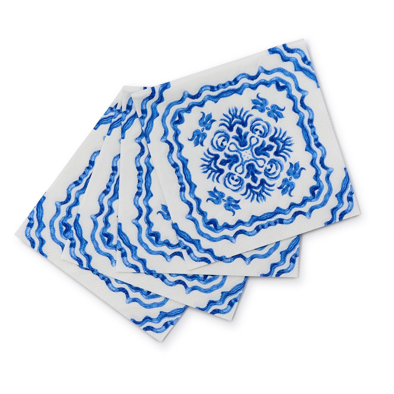Blue Tile Block Print 3-Ply Paper Cocktail Napkin