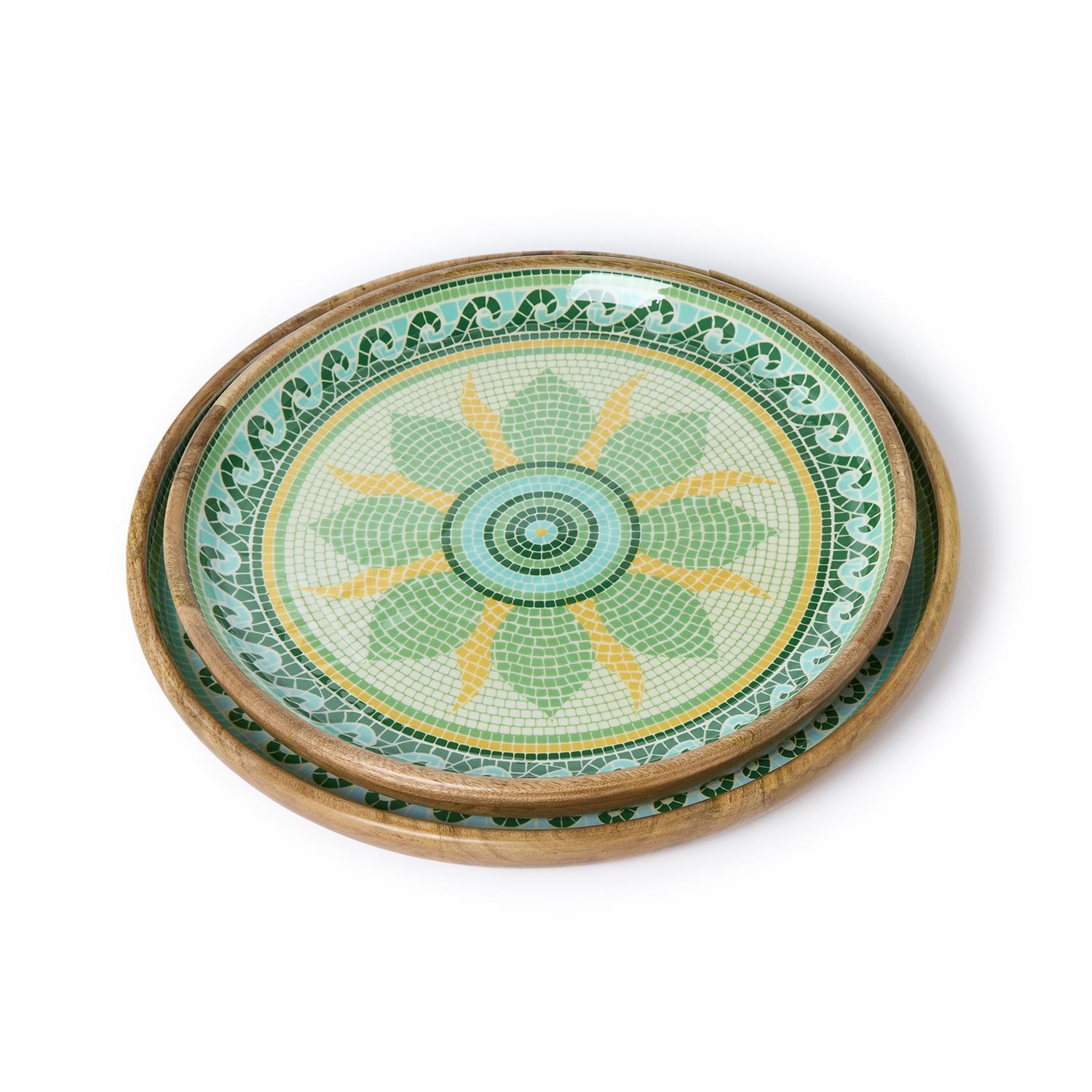 S/2 Garden View Hand-Crafted Wooden Round Trays with Enamel Incl 2 Sizes