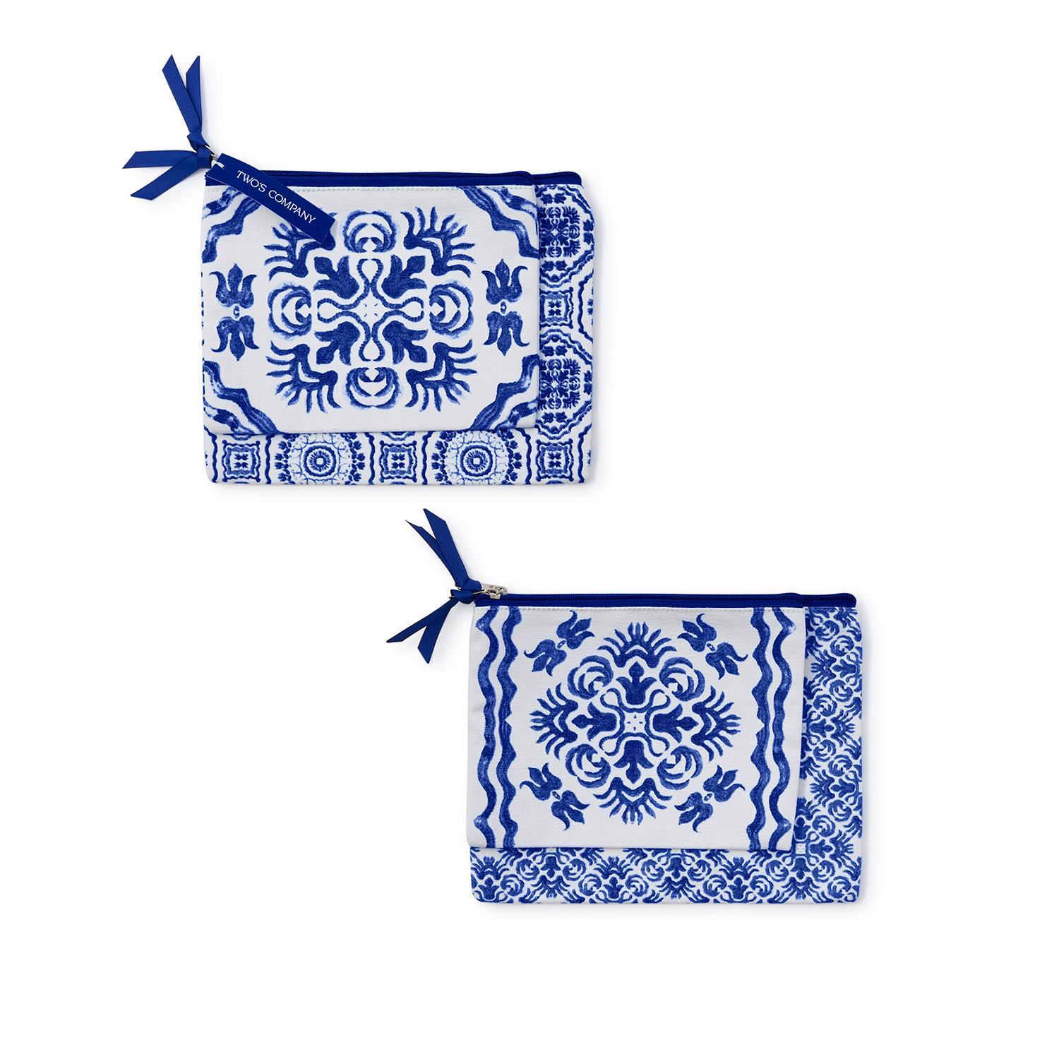 S/2 Blue Tile Block Print Pouches Asst 2 Designs