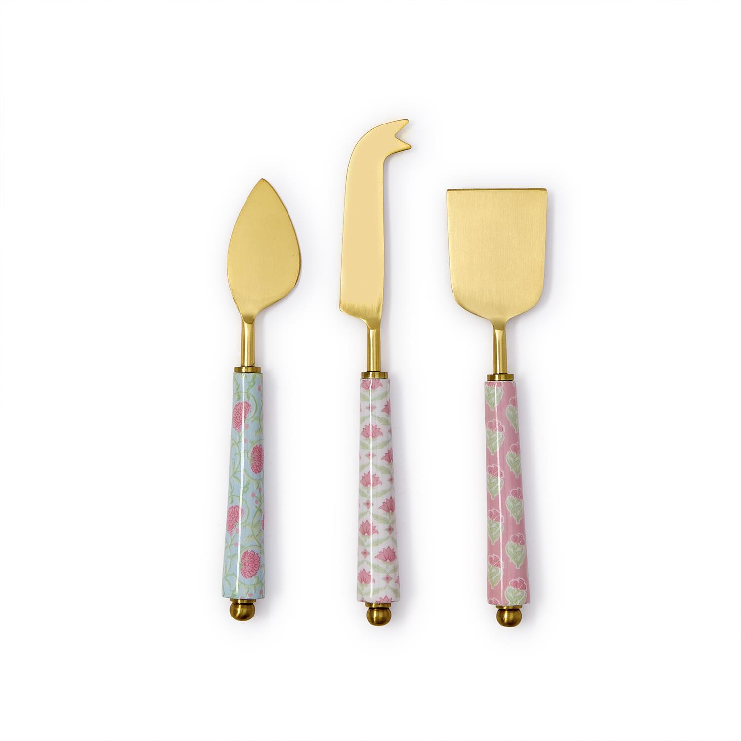 S/3 Floral Block Print Cheese Knives in Gift Box