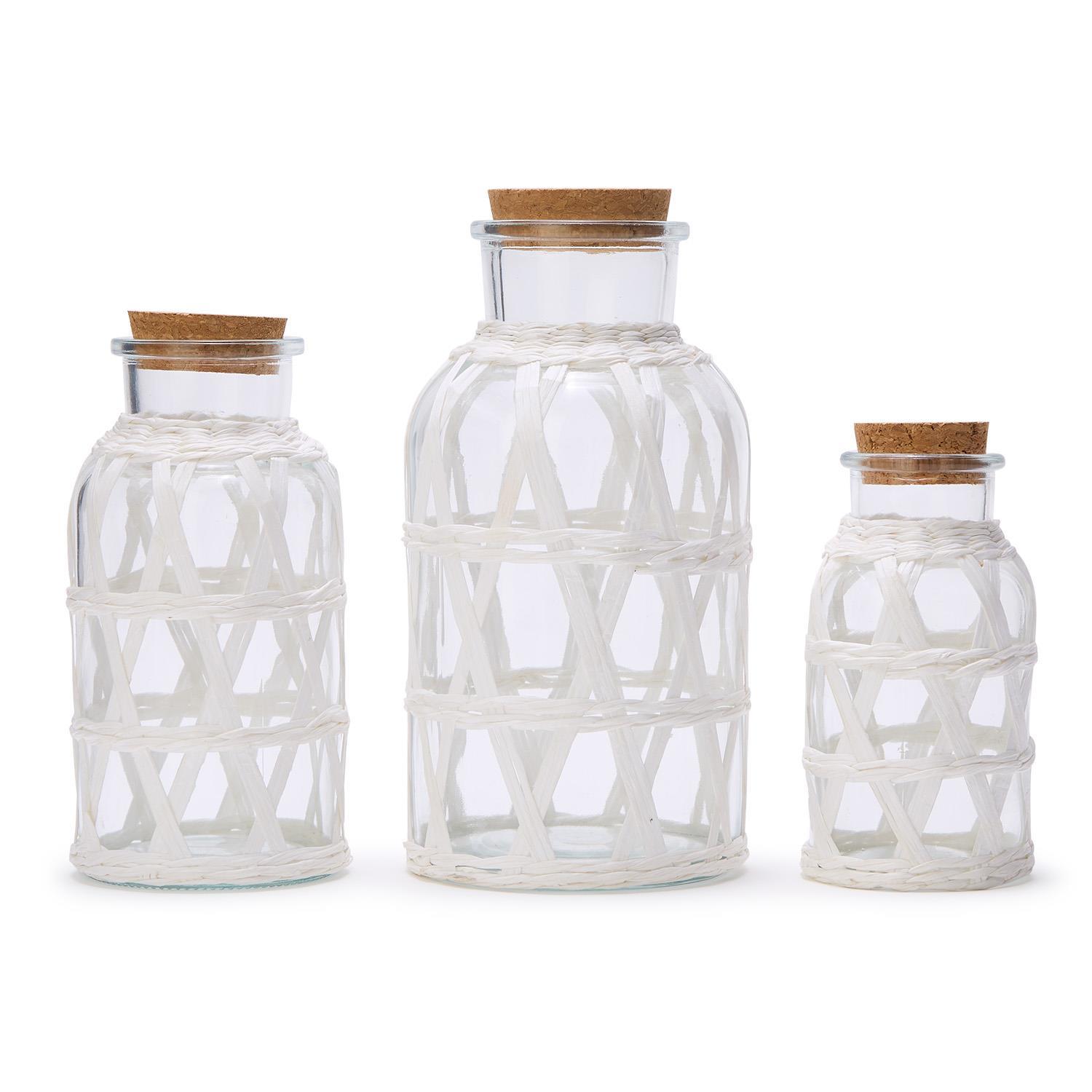 S/3 White Lattice Wrapped Decorative Jars w/Cork Stopper