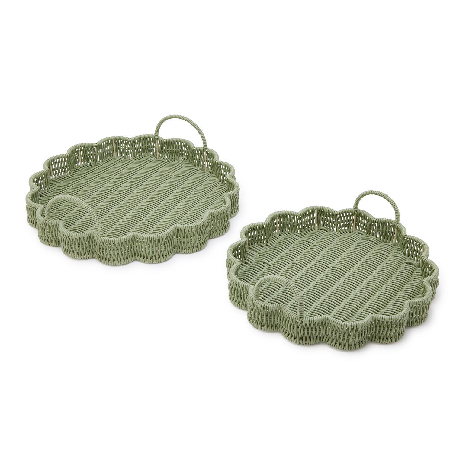 S/2 All Weather Wicker Scalloped Edge Green Round Serving Tray