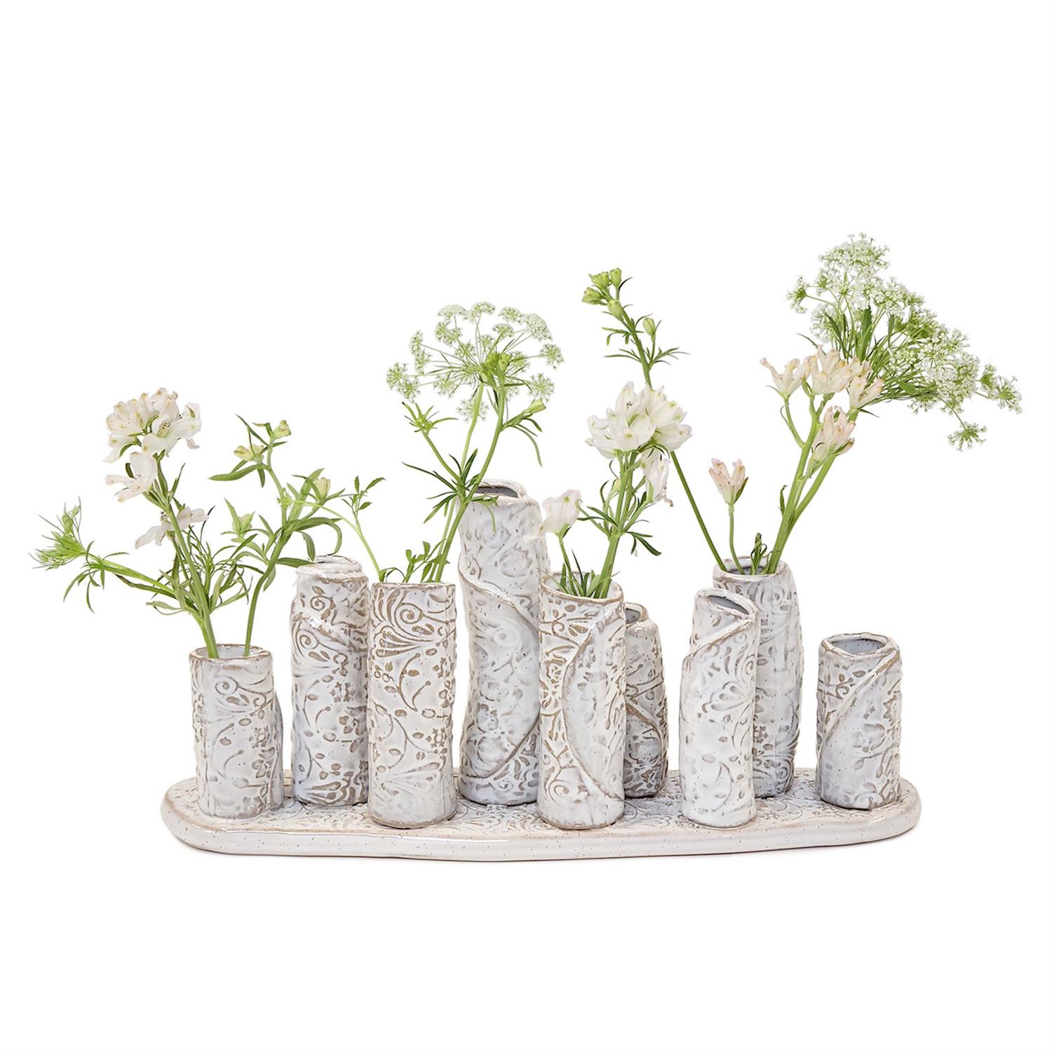 White Washed Embossed Pattern Multi Vase on Platform