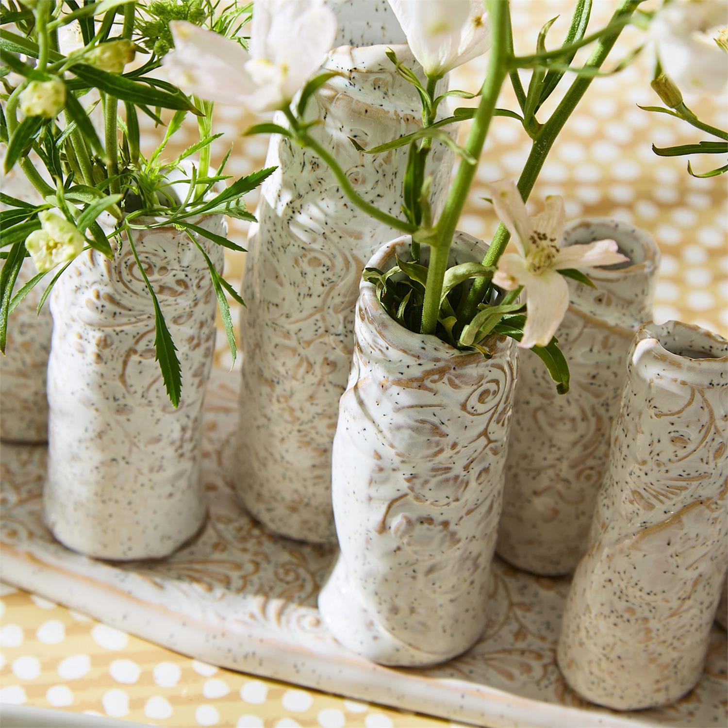 White Washed Embossed Pattern Multi Vase on Platform