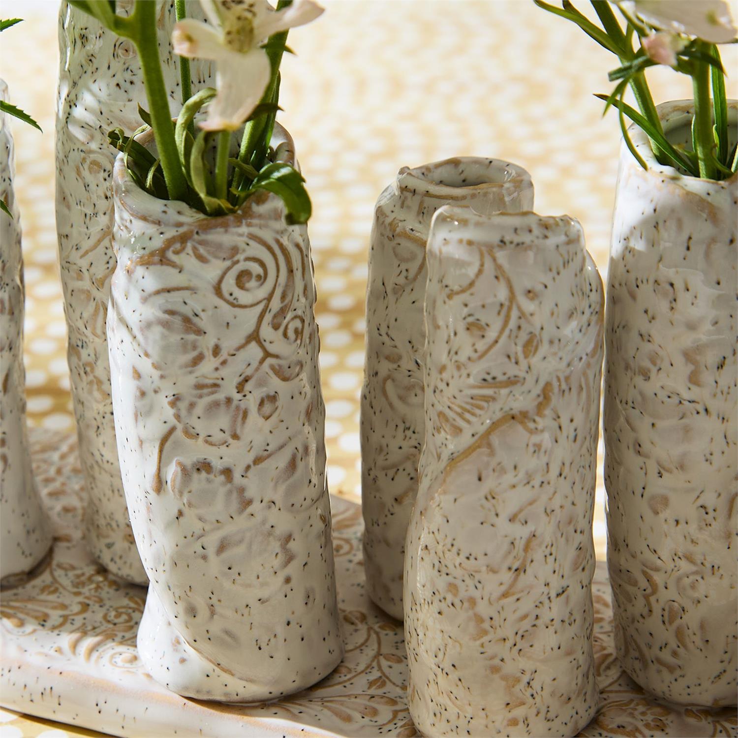 White Washed Embossed Pattern Multi Vase on Platform