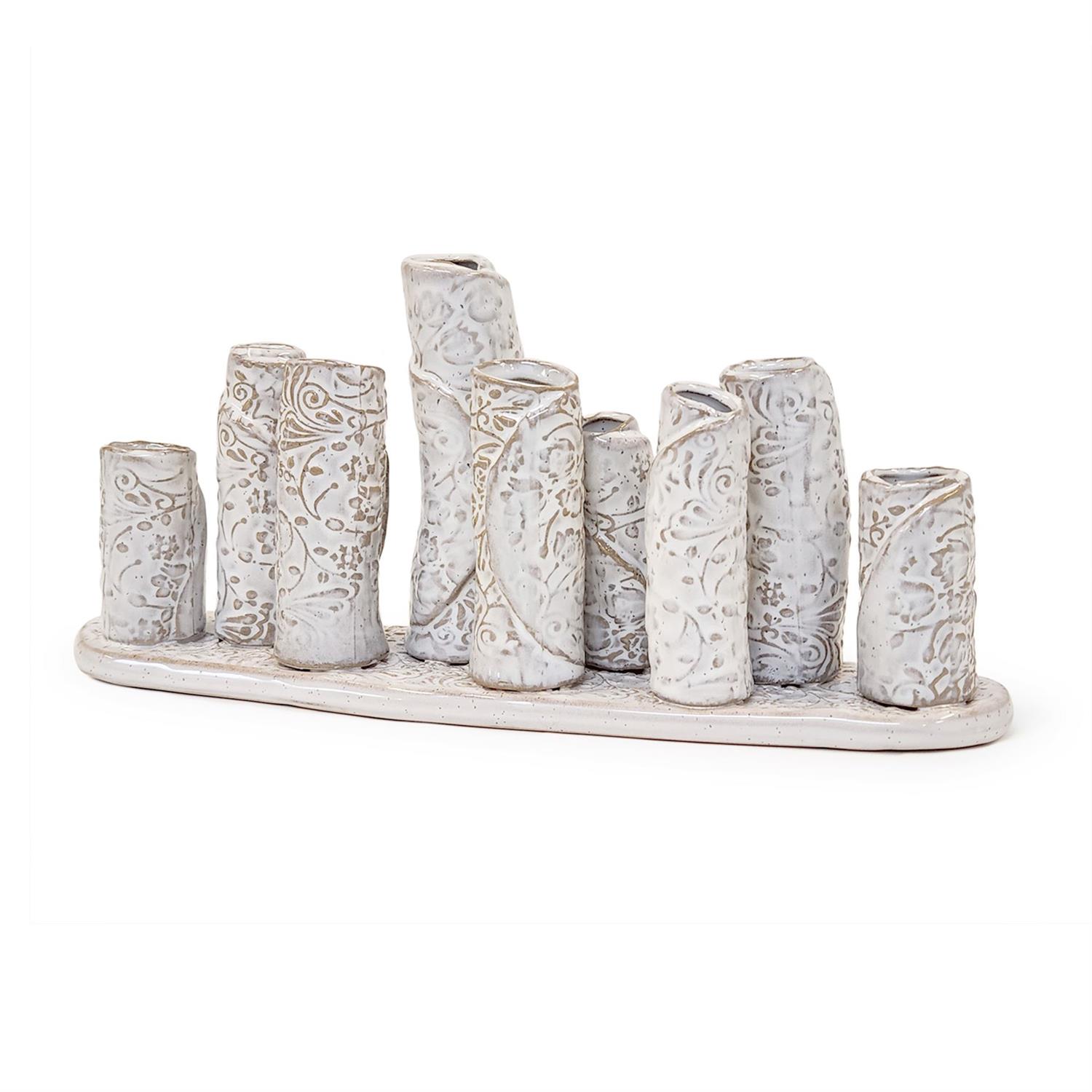 White Washed Embossed Pattern Multi Vase on Platform
