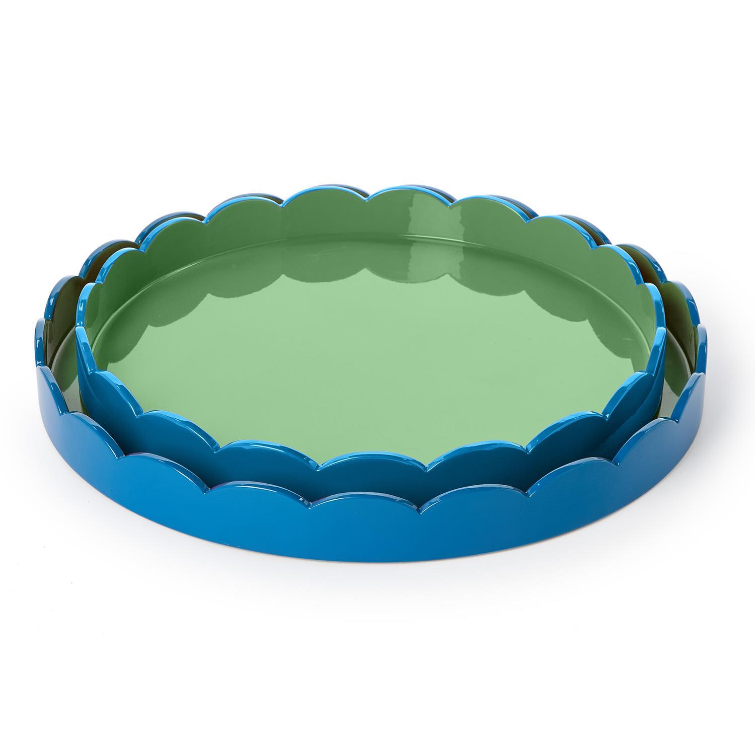 S/2 Scalloped Blue and Green Dual Tone Lacquered Trays