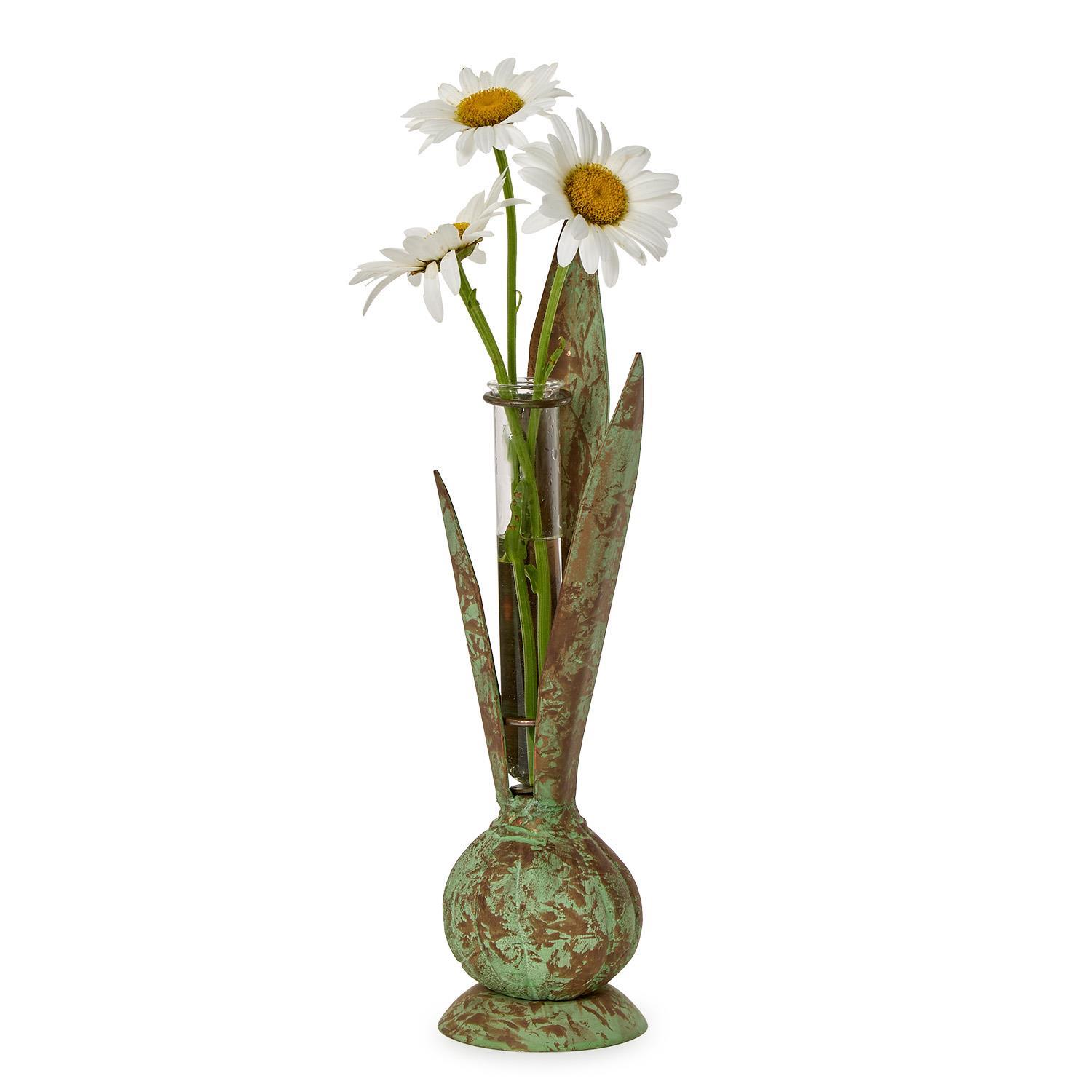 Verdigris Hand-Crafted Bulb and Leaf Vase