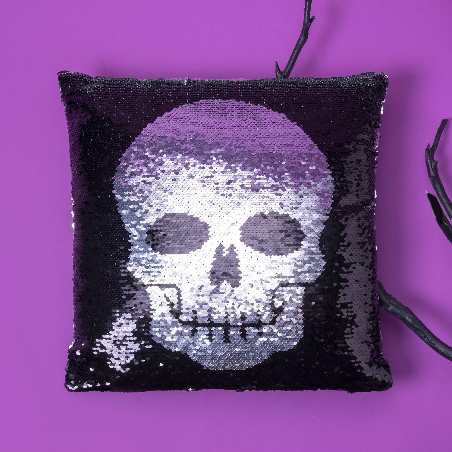 Two-Tone Sequined Skull Pillow Sequins on Front Only