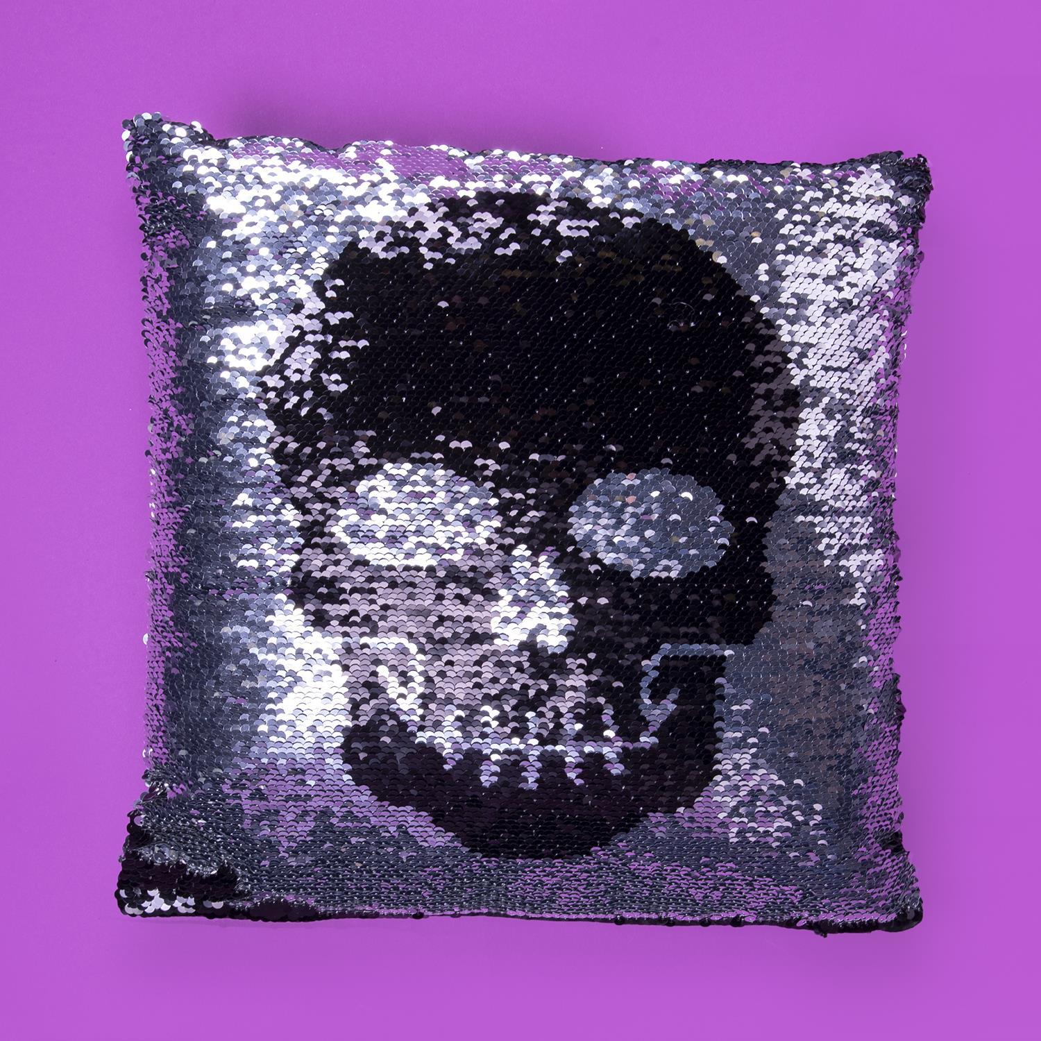 Two-Tone Sequined Skull Pillow Sequins on Front Only