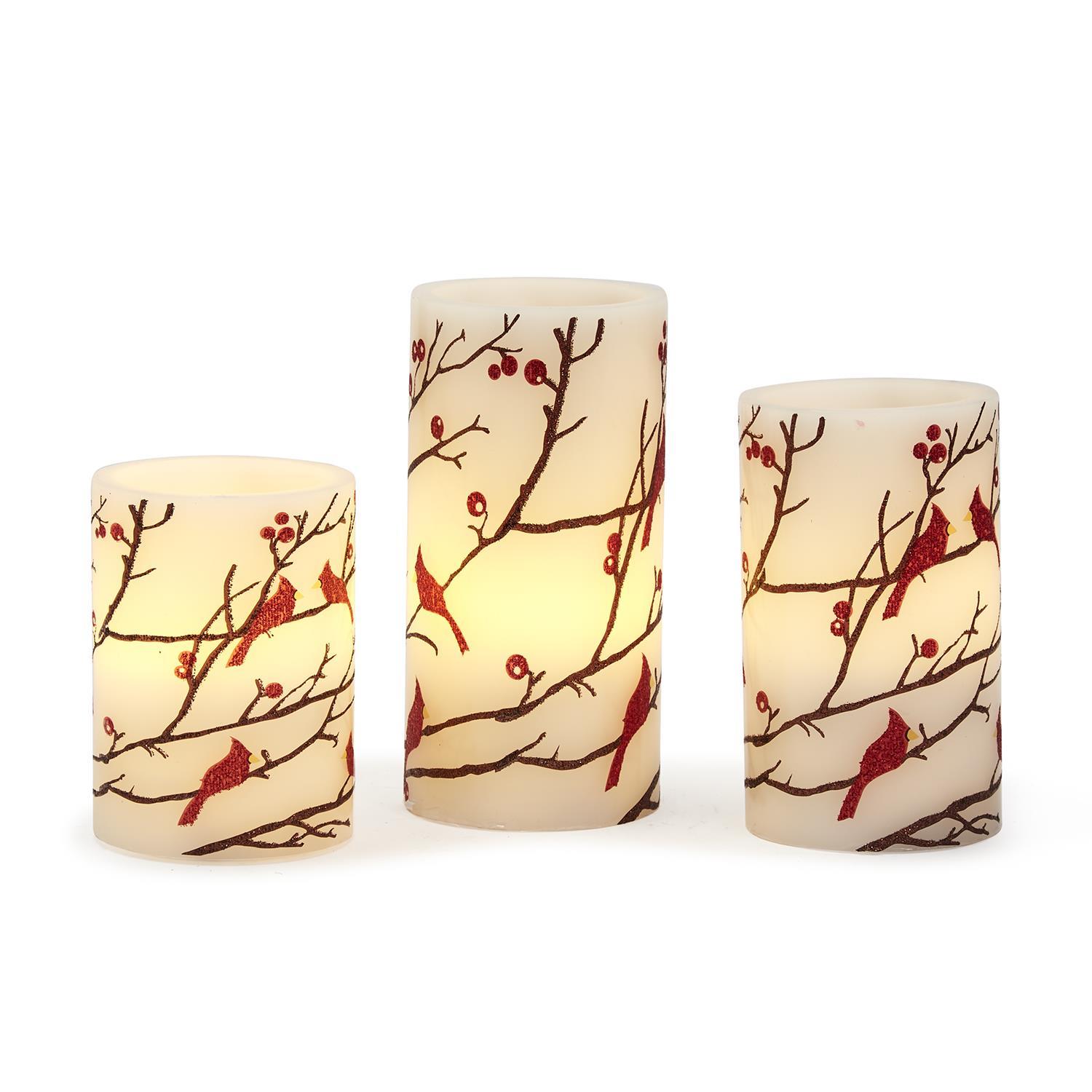 Red Cardinal Set of 3 Flameless Flickering LED Decorative Pillar ...