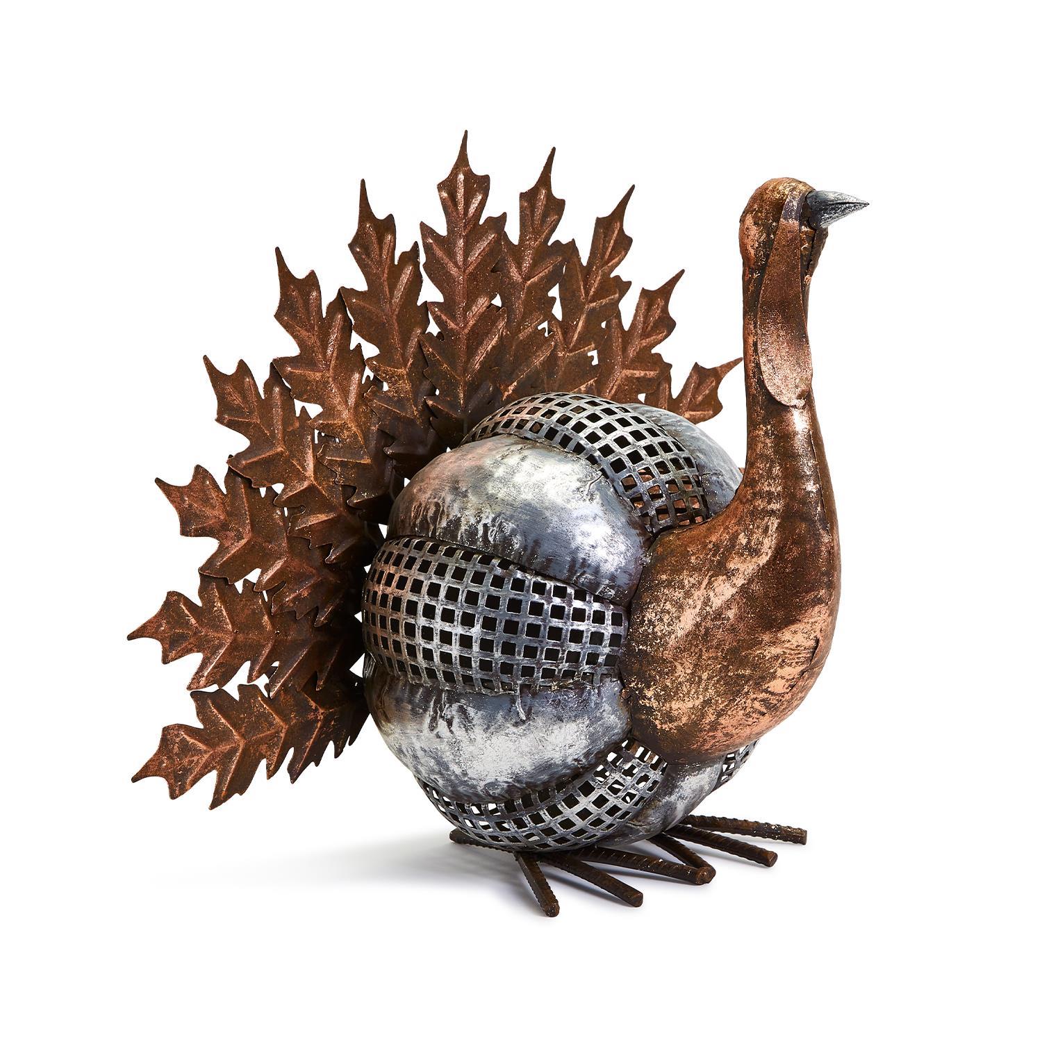 Hand-Crafted Galvanized Metal Turkey with Metallic Leaf Accent