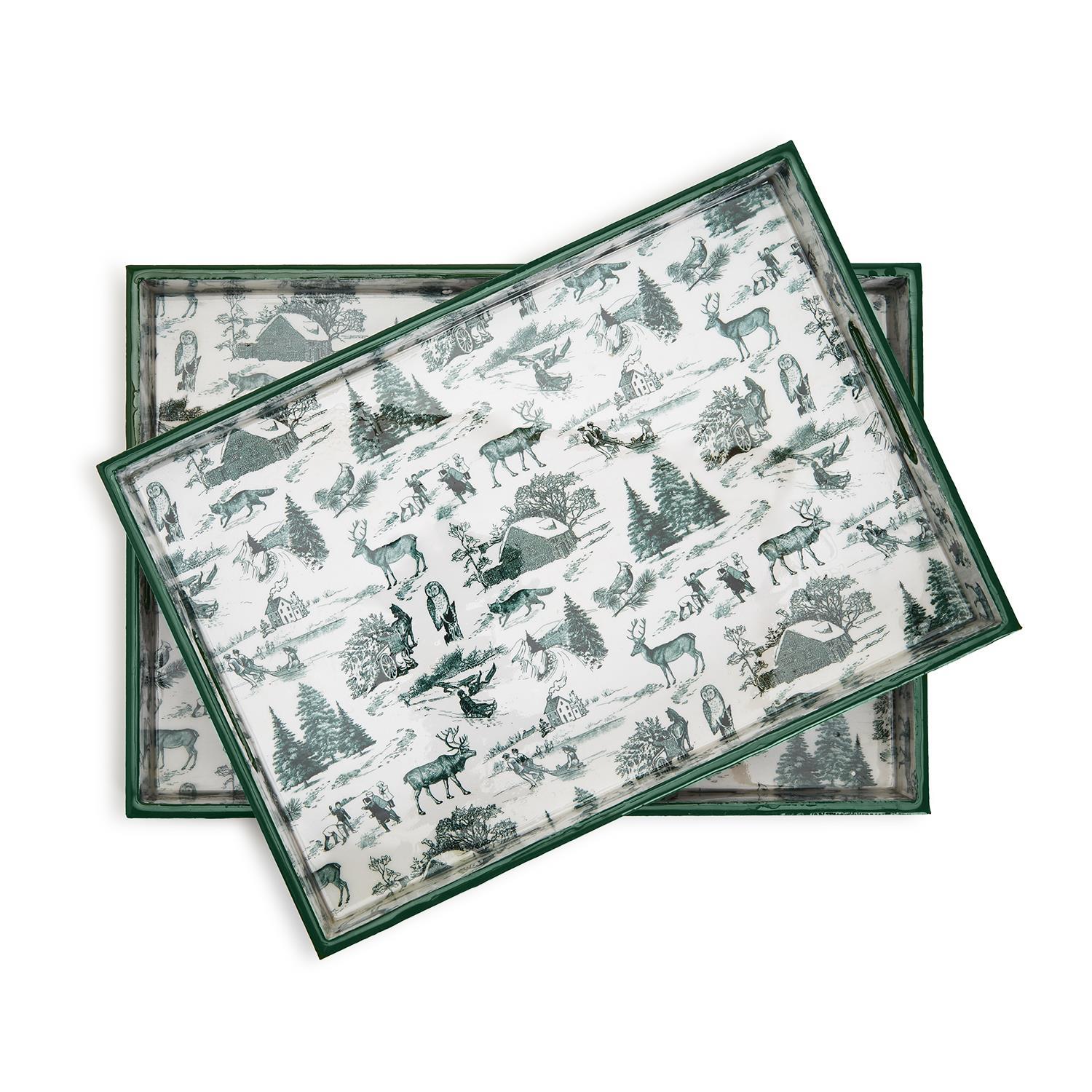Forest Christmas Set of 2 Rectangle Gallery Trays with Green Toile Pattern