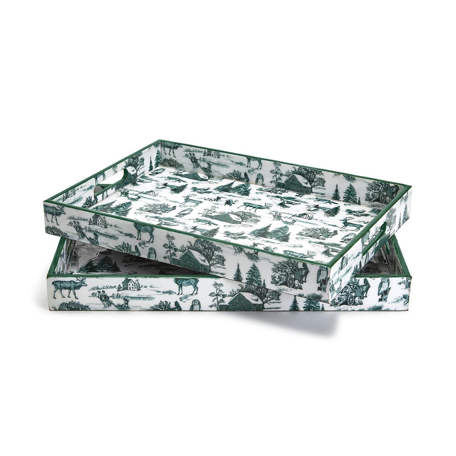 Forest Christmas Set of 2 Rectangle Gallery Trays with Green Toile Pattern