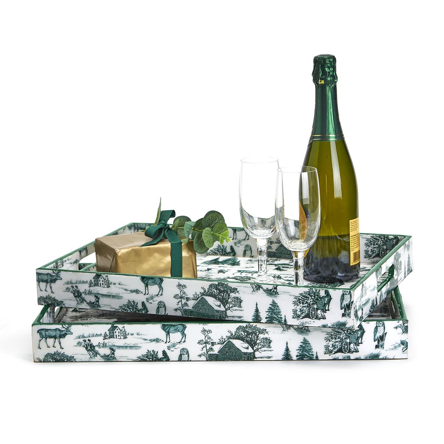 Forest Christmas Set of 2 Rectangle Gallery Trays with Green Toile Pattern
