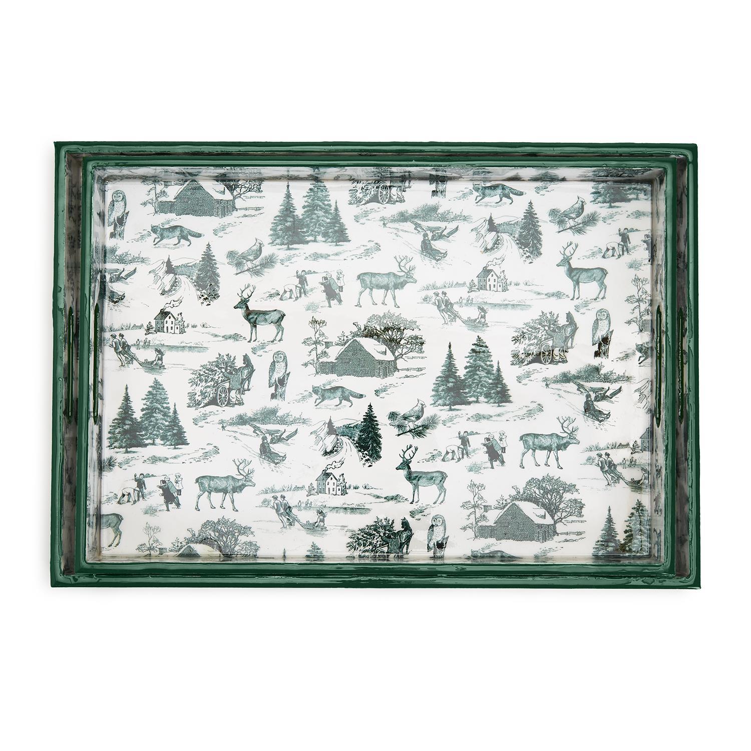 Forest Christmas Set of 2 Rectangle Gallery Trays with Green Toile Pattern