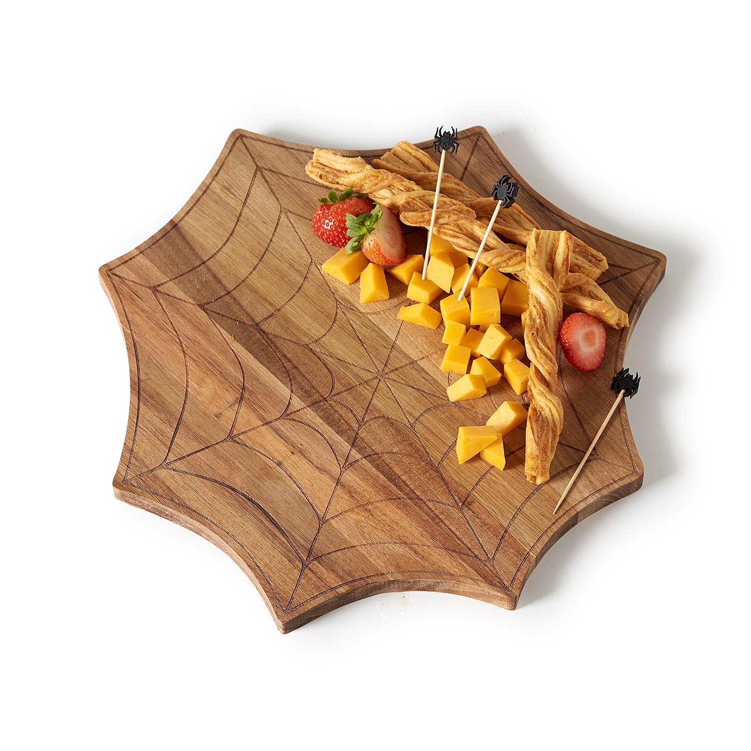 Spiderweb Wooden Charcuterie Serving Board w/20 Spider Picks