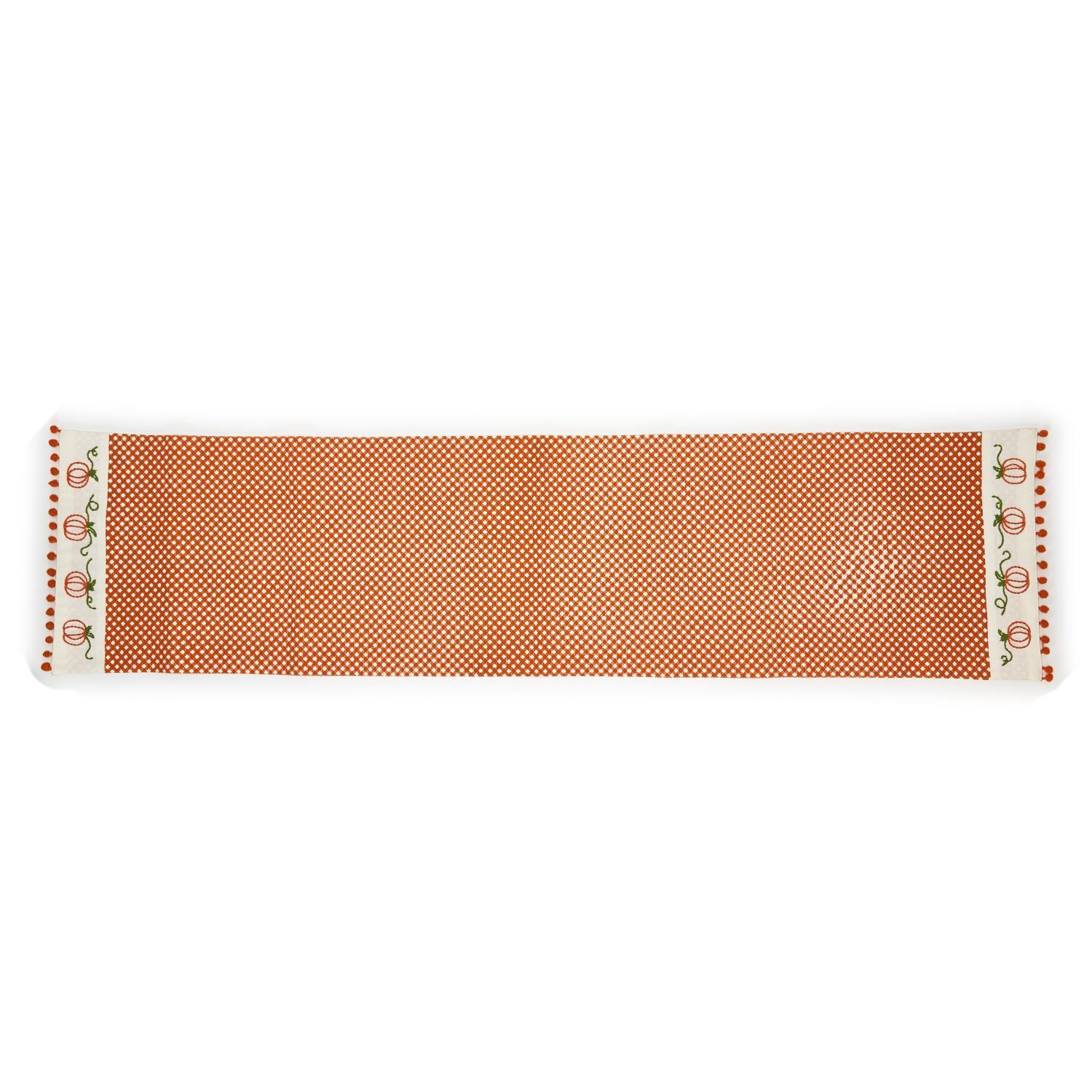 Gingham Gathering Table Runner with Pumpkin Embroidery and Pom Pom Trim