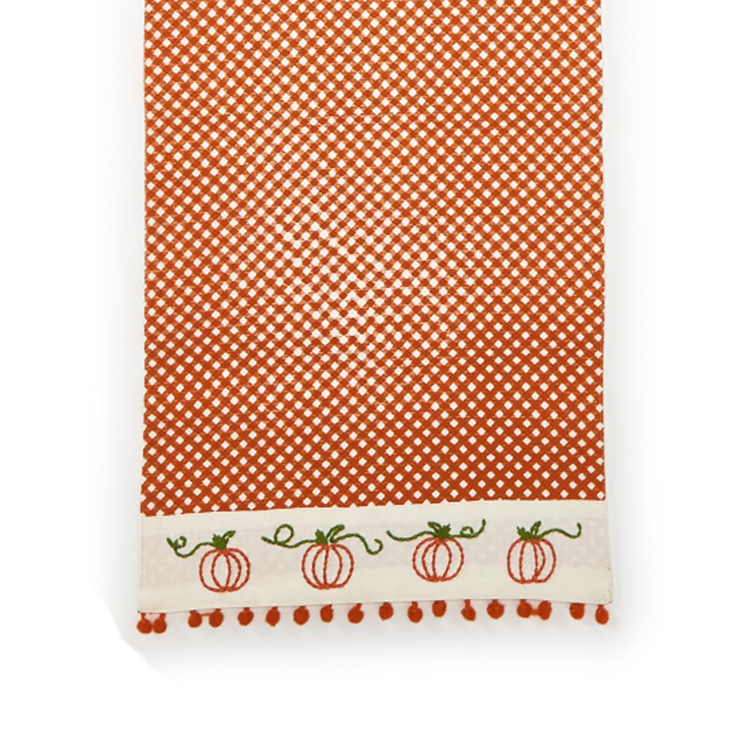 Gingham Gathering Table Runner with Pumpkin Embroidery and Pom Pom Trim