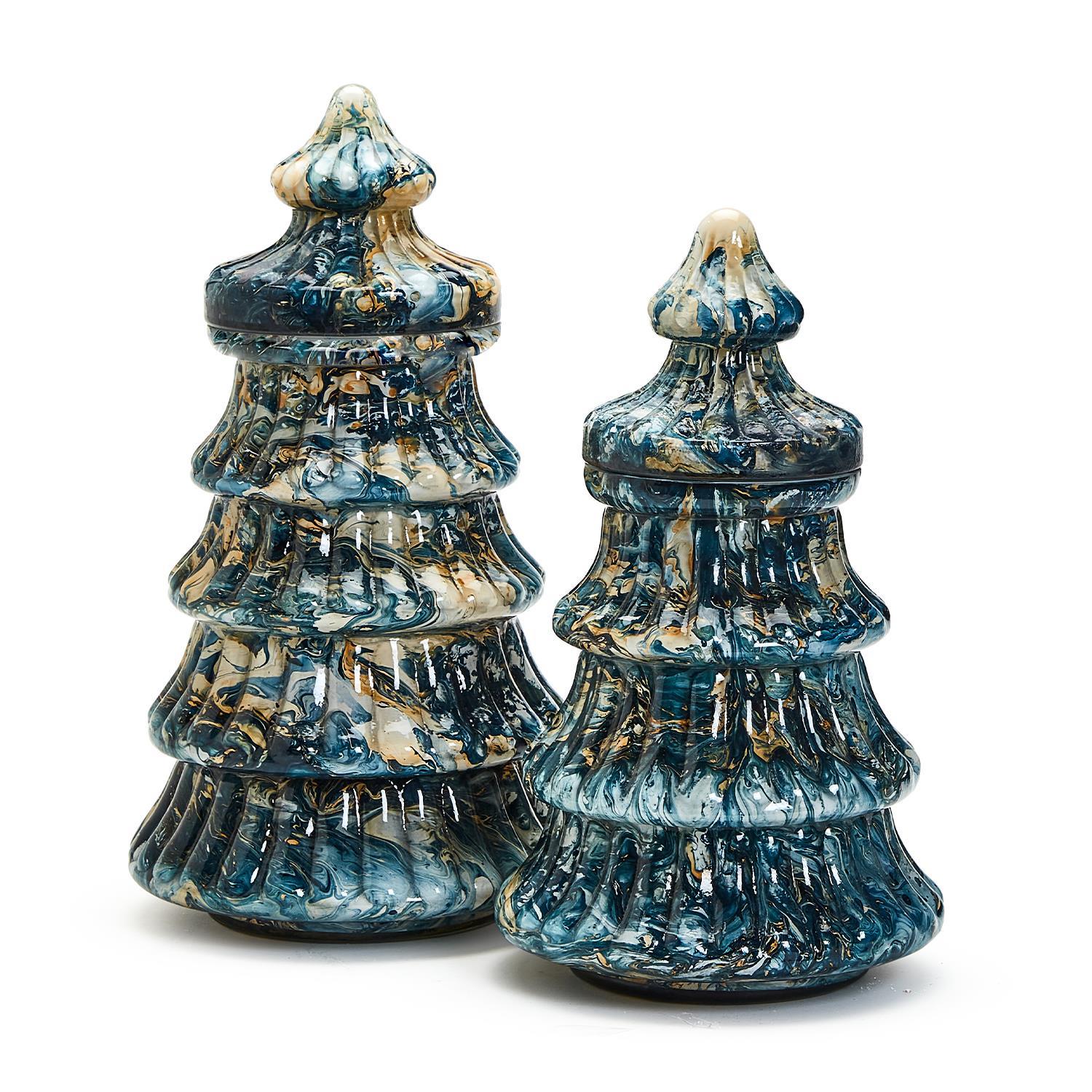 Set of 2 Hand-Crafted Marble Pattern Tree Jars with Lid