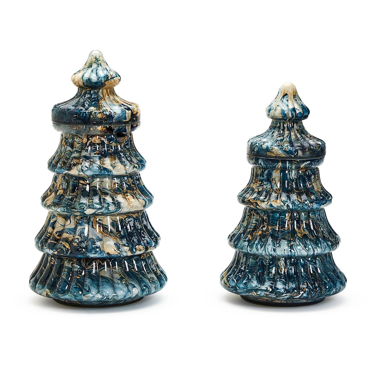 Set of 2 Hand-Crafted Marble Pattern Tree Jars with Lid