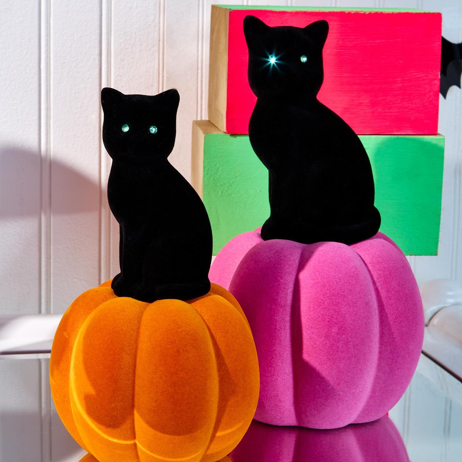 Set of 2 Flocked Black Cats with Faceted Gem Eyes on Pumpkins Assorted ...
