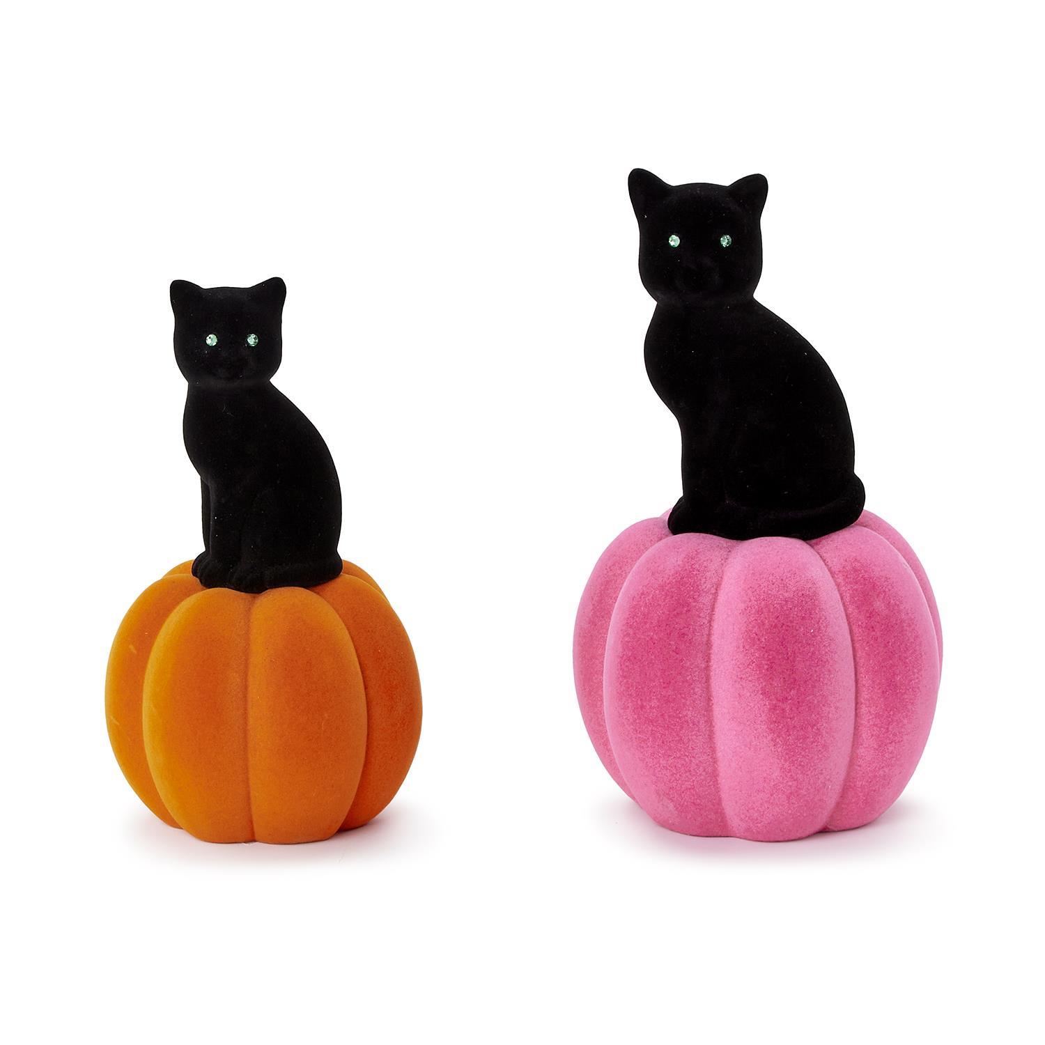 Set of 2 Flocked Black Cats with Faceted Gem Eyes on Pumpkins Assorted ...