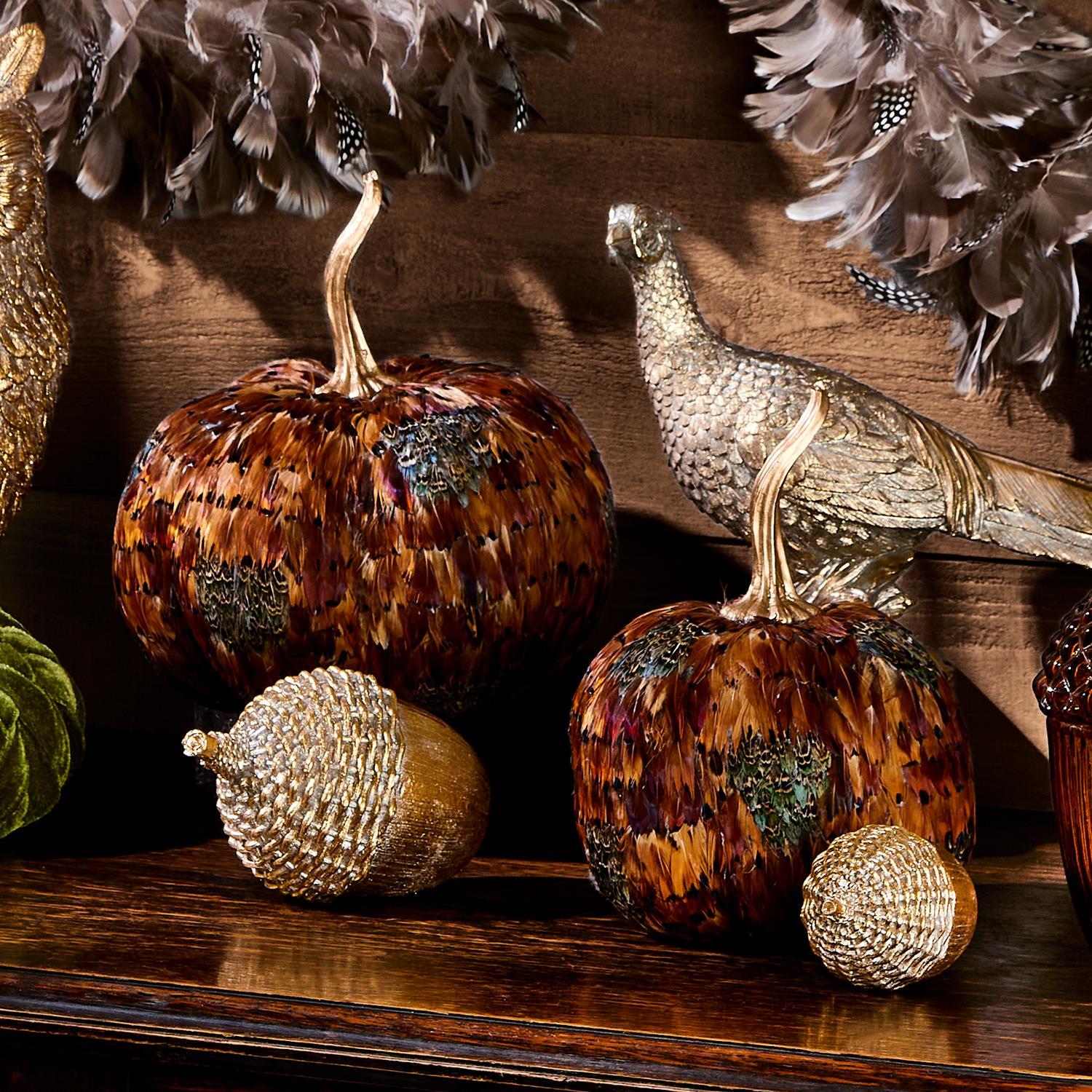 Pheasant Set of 2 Feather Pumpkins Includes 2 Sizes