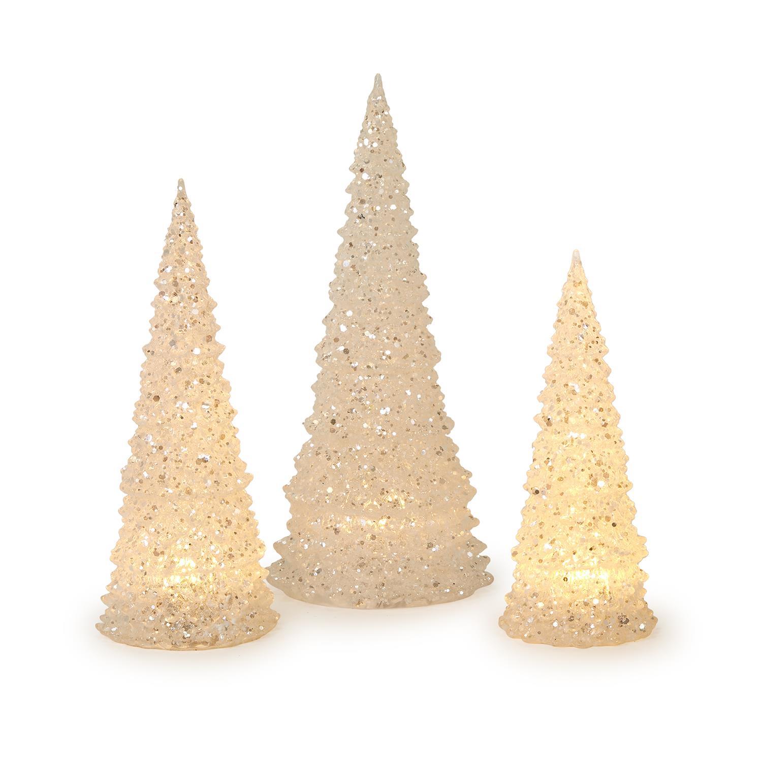 Set of 3 White Glittered LED Light-Up Trees Includes 3 Sizes