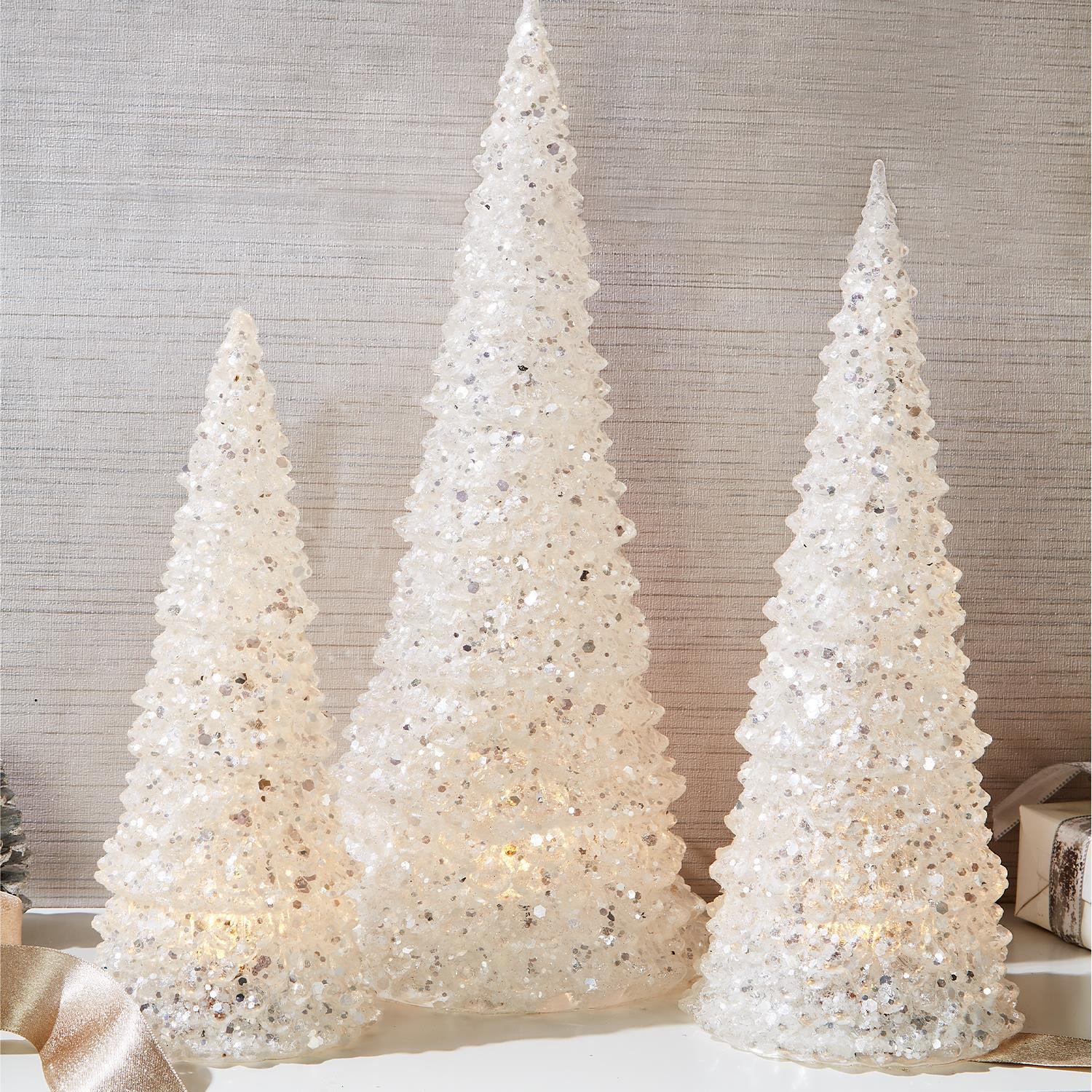 Set of 3 White Glittered LED Light-Up Trees Includes 3 Sizes