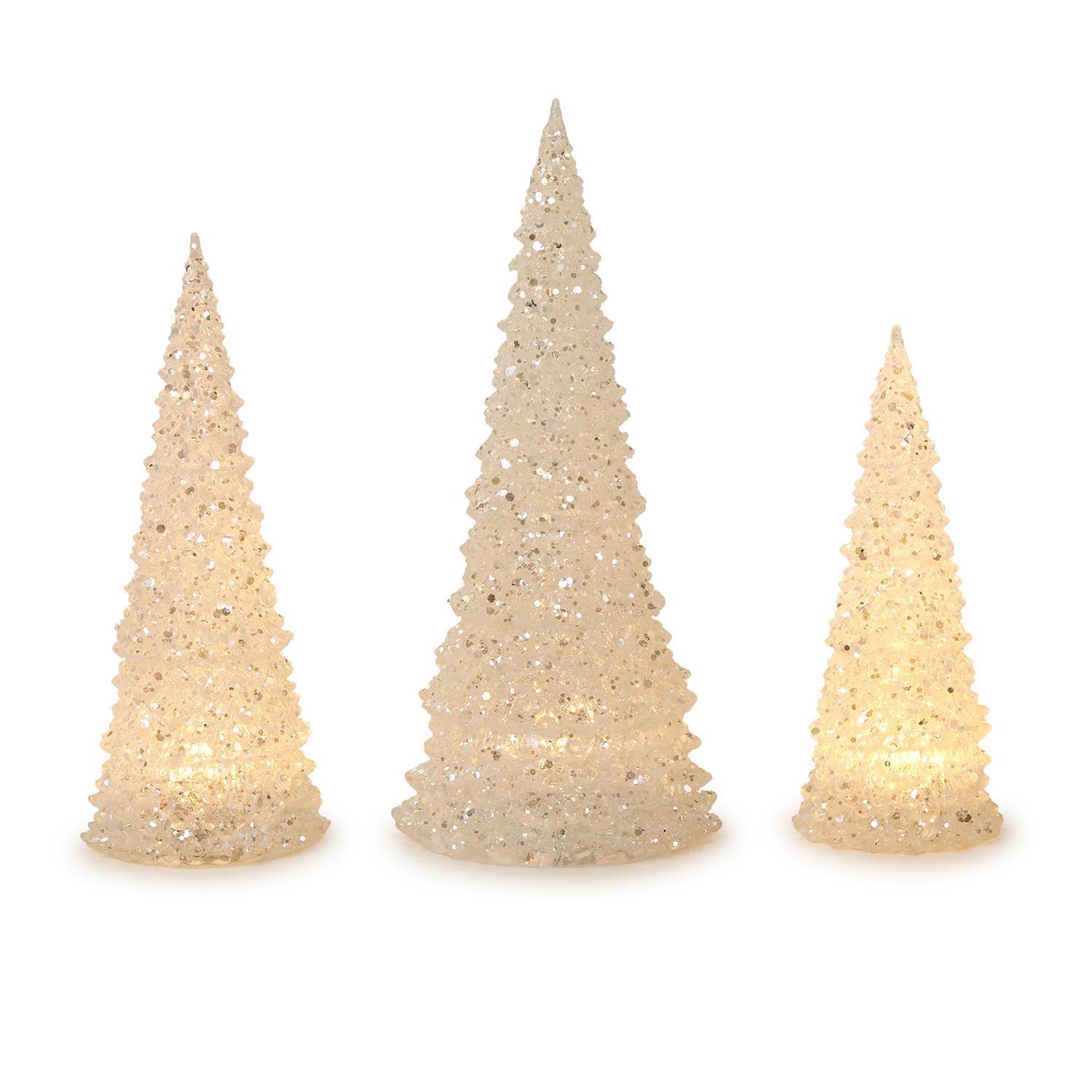Set of 3 White Glittered LED Light-Up Trees Includes 3 Sizes