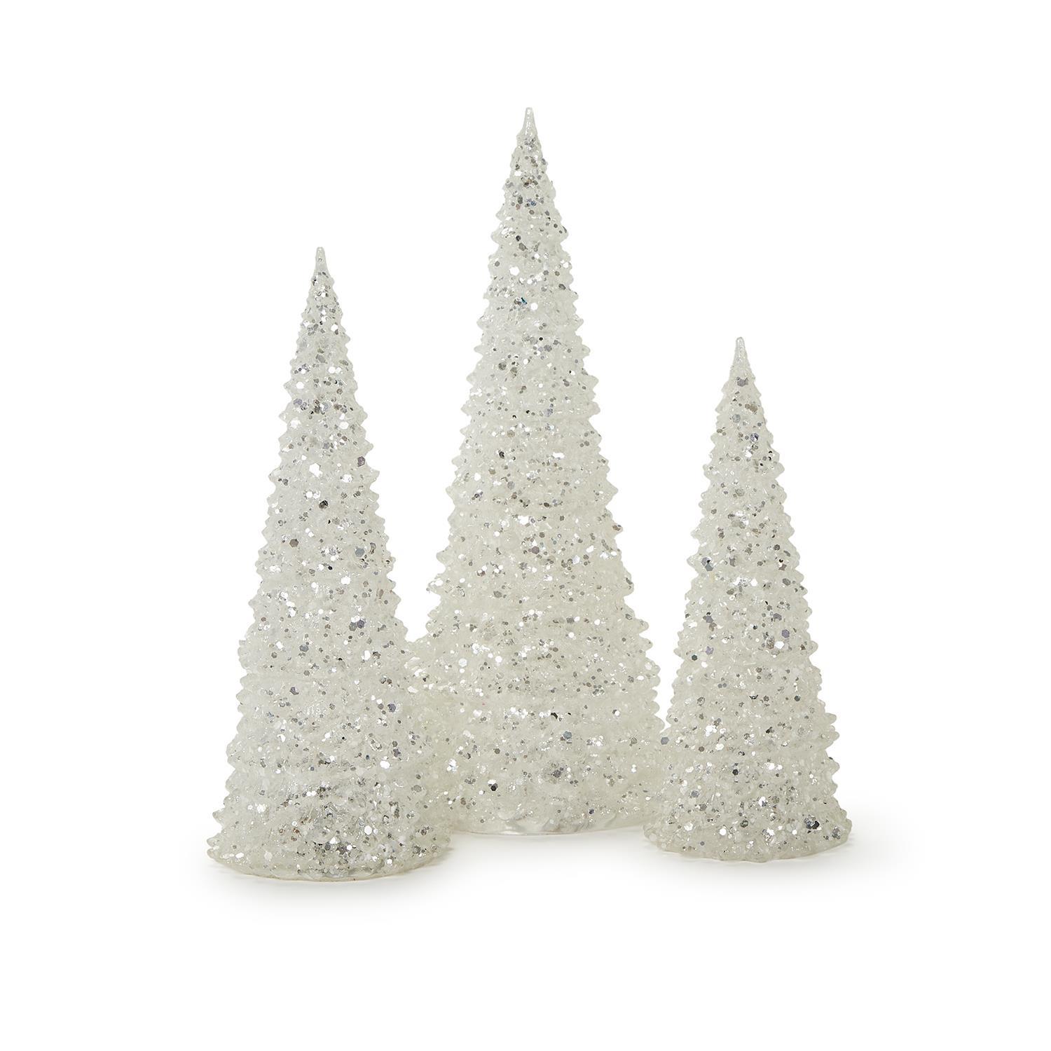 Set of 3 White Glittered LED Light-Up Trees Includes 3 Sizes