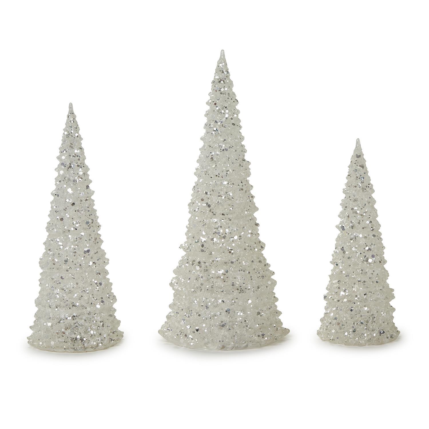 Set of 3 White Glittered LED Light-Up Trees Includes 3 Sizes